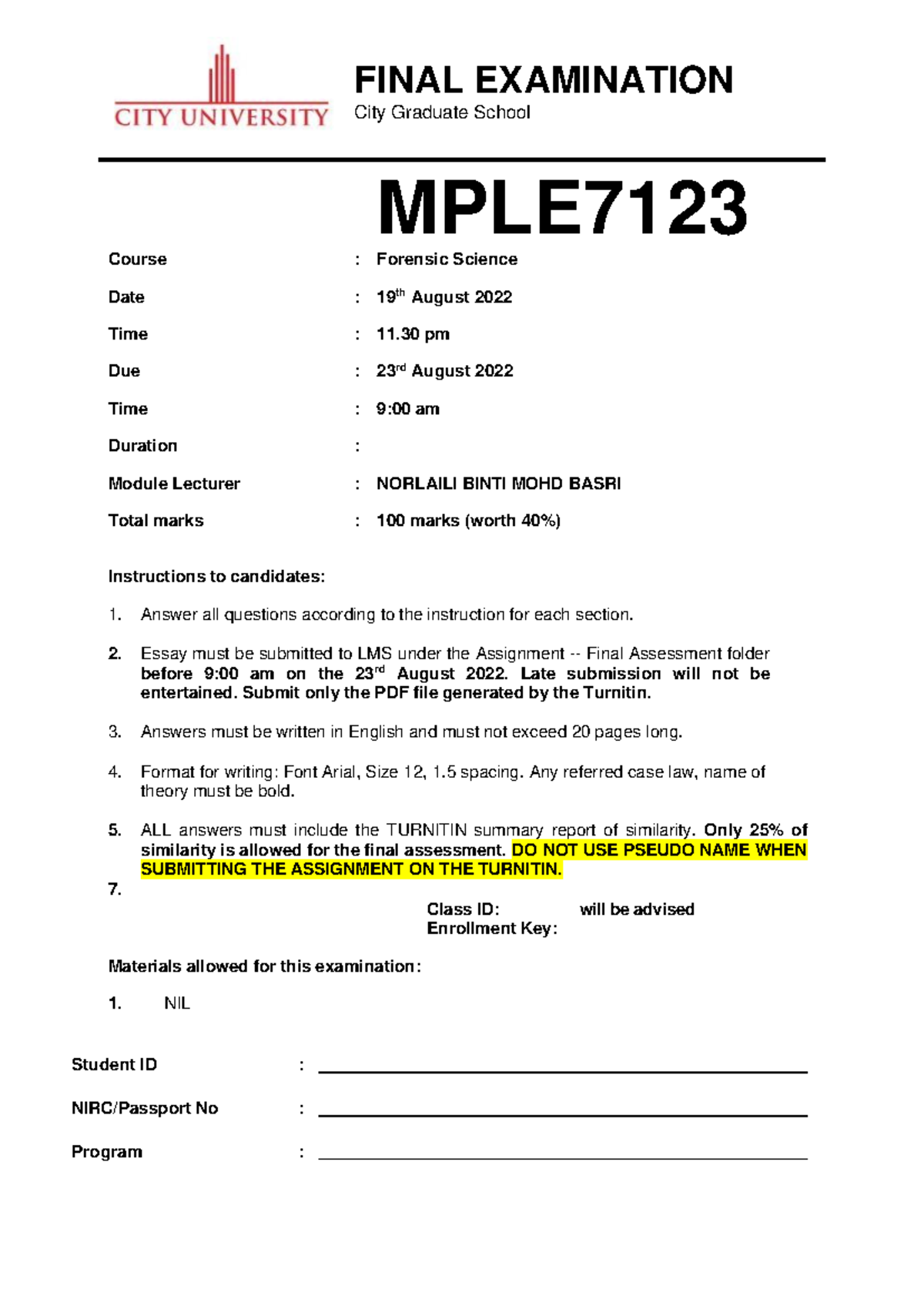Final EXAM - FS (MPLE7123) - 10 - 230822 - FINAL EXAMINATION City ...