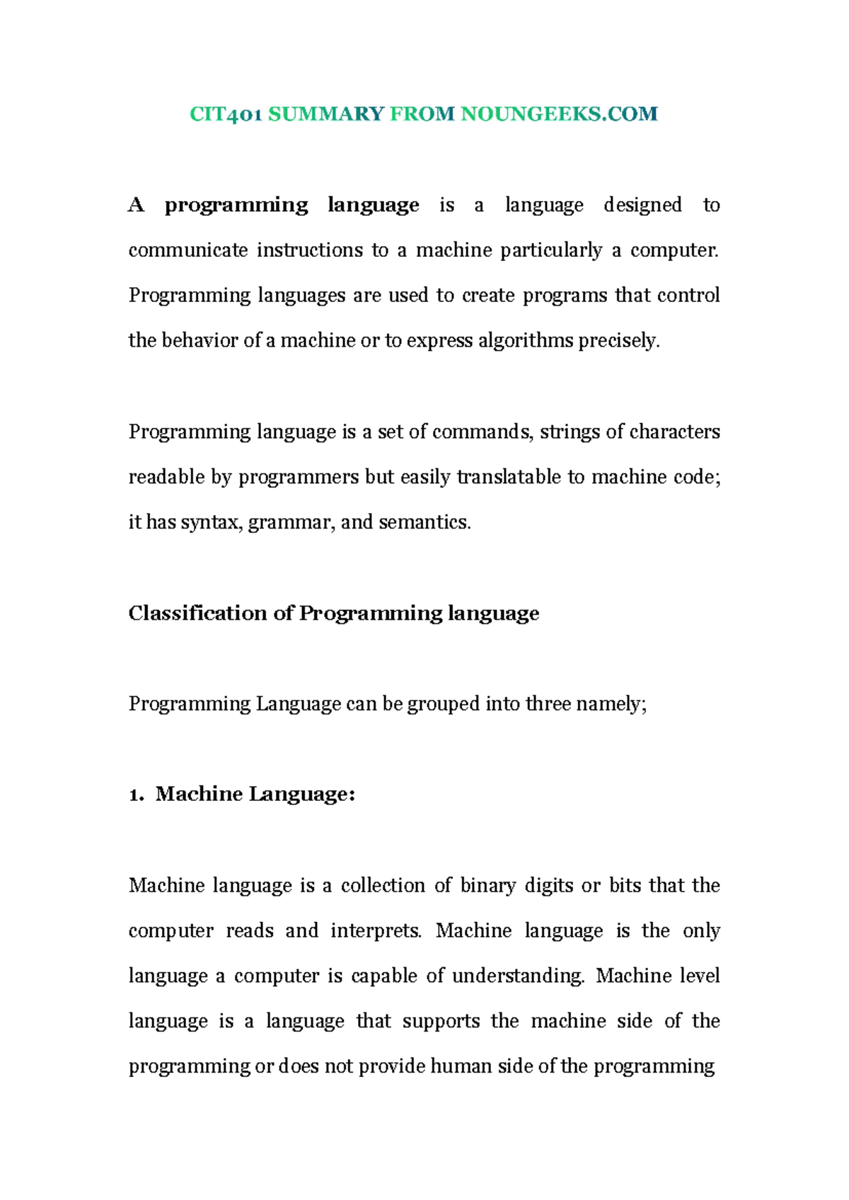 CIT 401 Summary Organization of Programming Languages - A programming ...