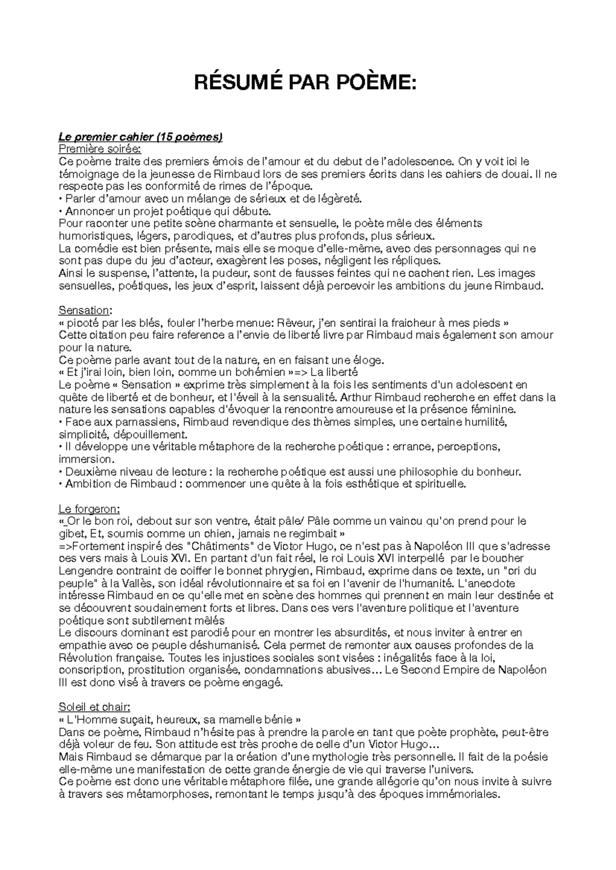 Résumé par poème Arthur Rimbaud - RÉSUMÉ PAR POÈME: Le premier cahier ...