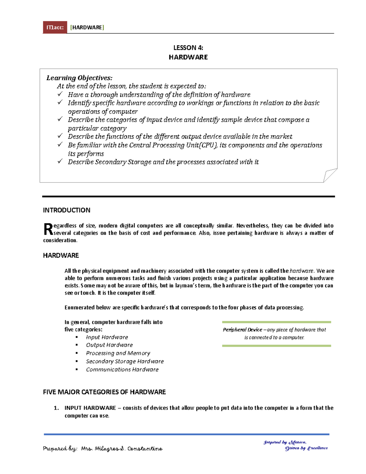 IT-1acc-L4 - Information Technology - LESSON 4 : HARDWARE INTRODUCTION ...