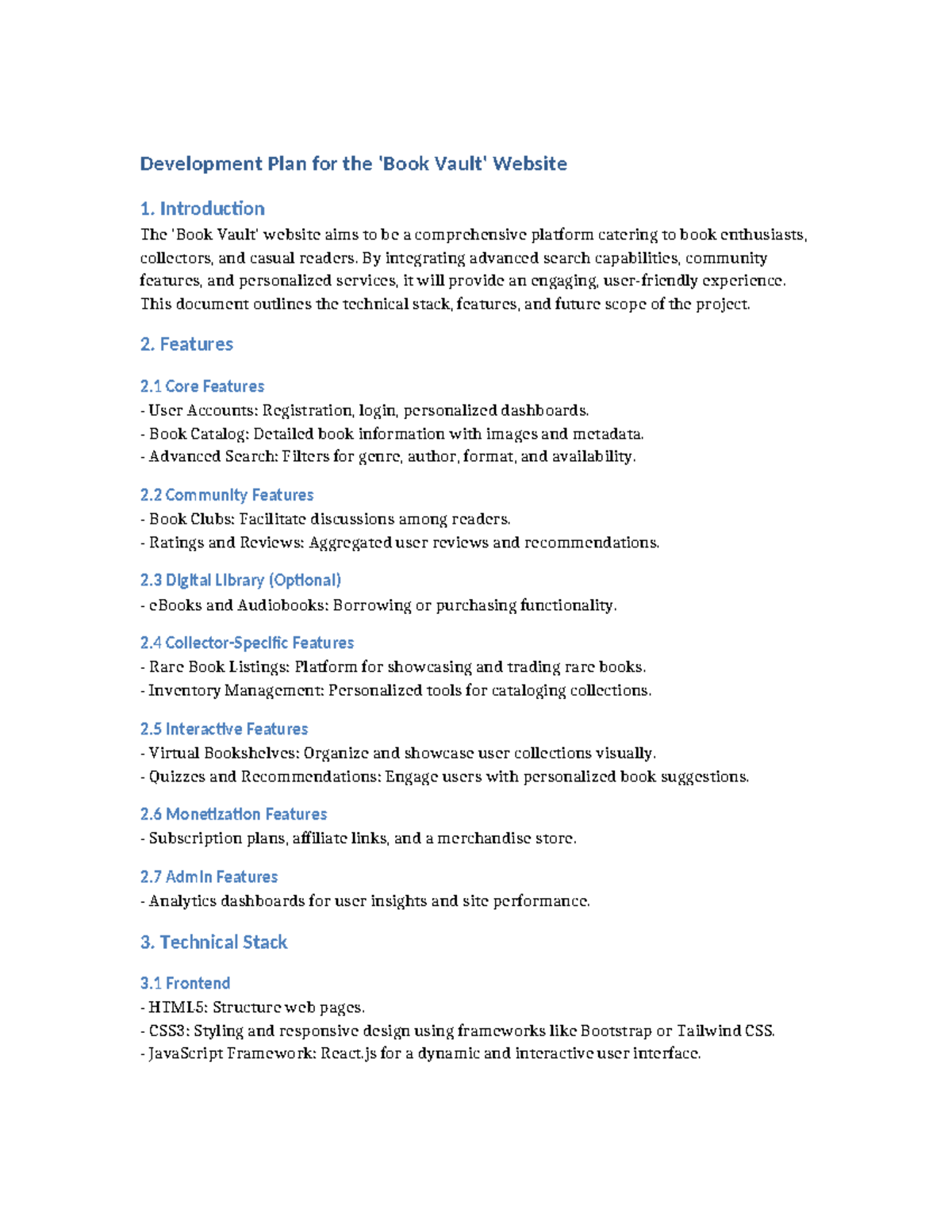 Book Vault Development Plan - Development Plan for the 'Book Vault ...