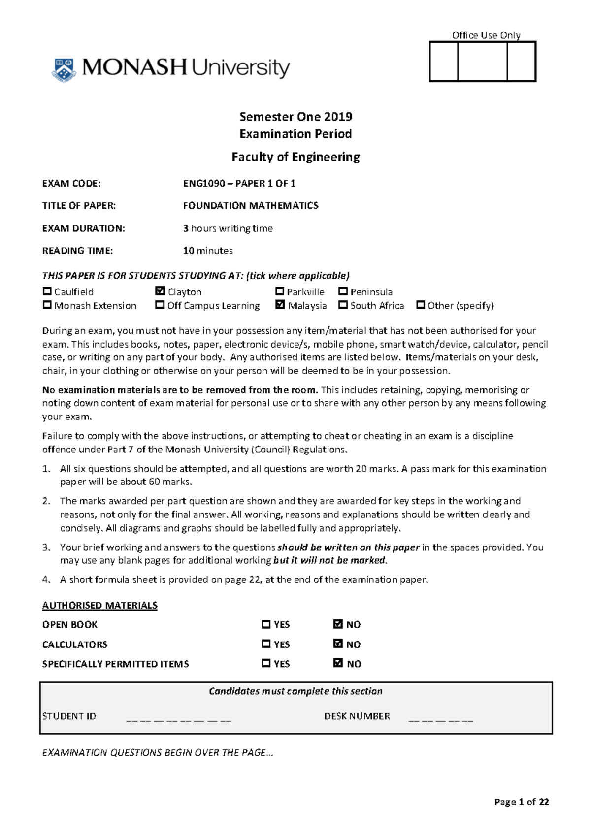 ENG1090 exam cover page S1 2019 - Office Use Only Semester One 2019 ...