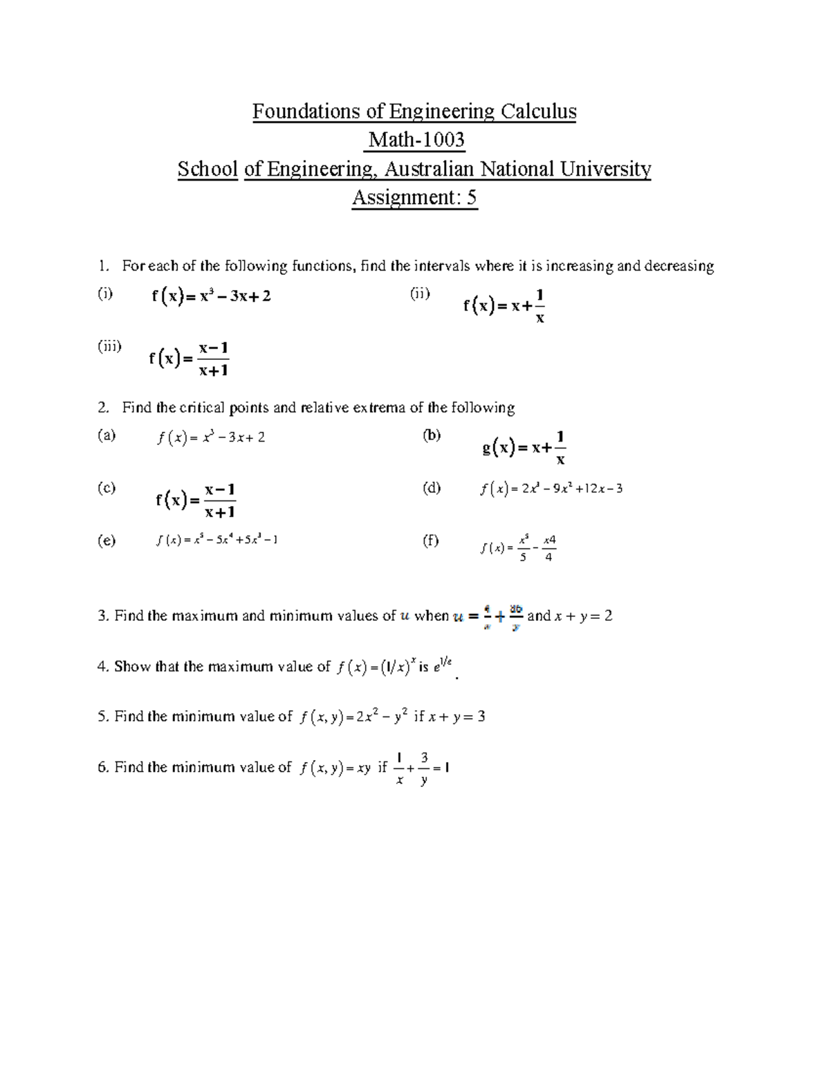 Assignment N0 5 Math 1003 - Foundations of Engineering Calculus Math ...