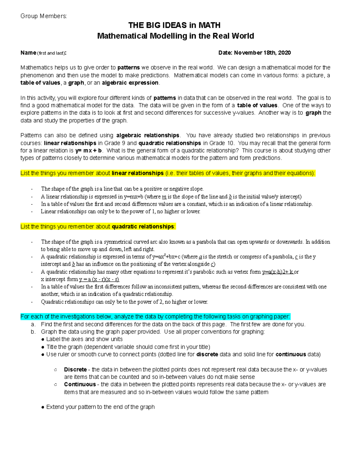 Investigation Modelling Phenomena in the Real World - Group Members ...
