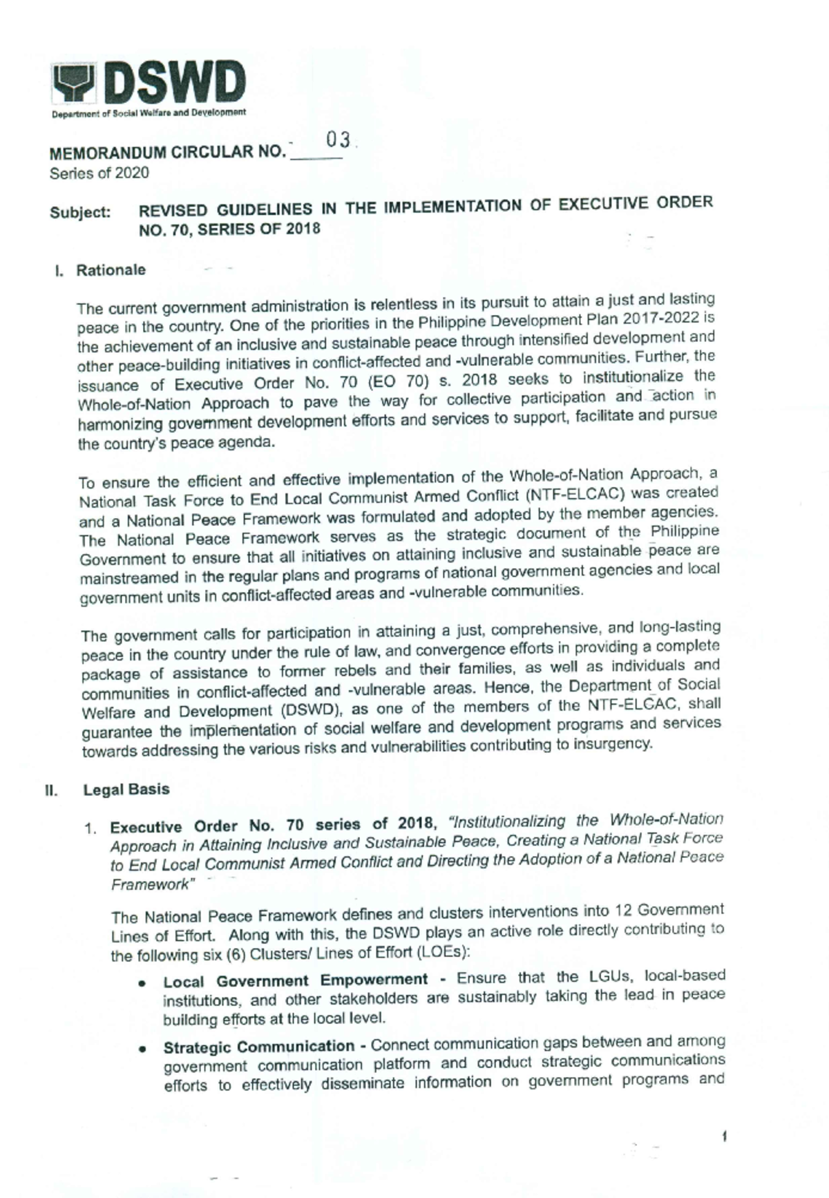 MC 2020-003 - EXECUTIVE ORDER NUMBER 70 - DSWD Department of Social ...