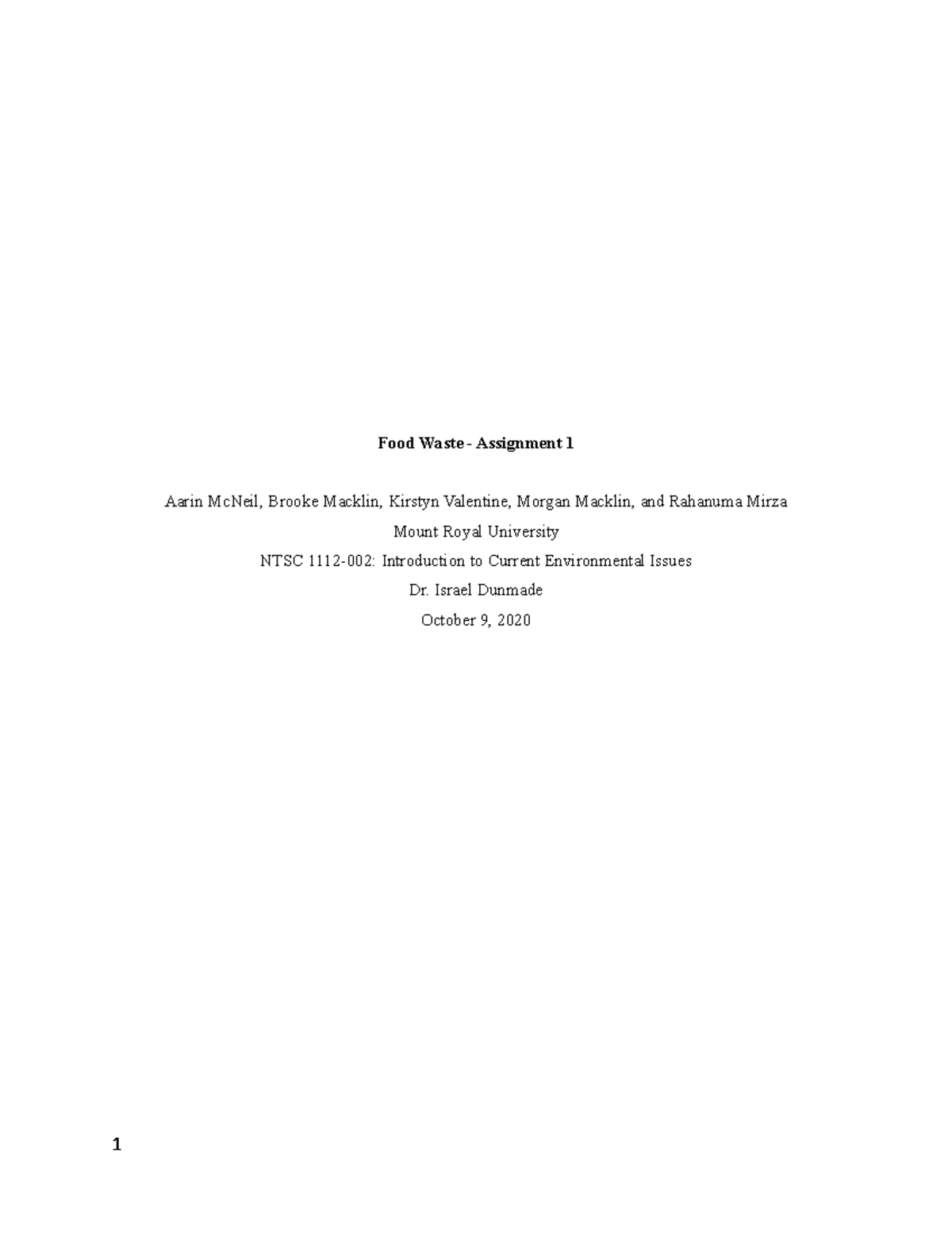 Food Waste - practice material - Food Waste - Assignment 1 Aarin McNeil ...