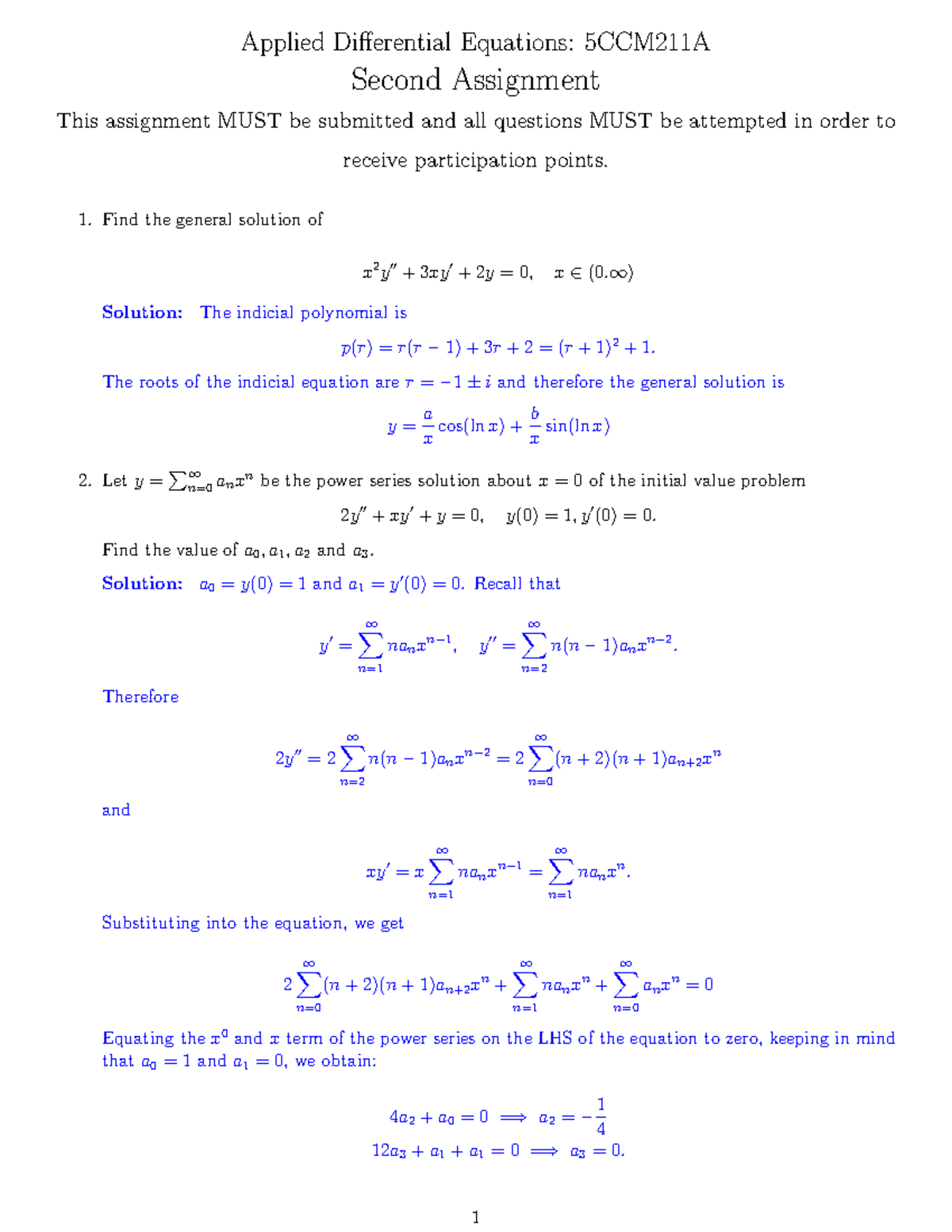 Assignment 2With Solutions - Applied Differential Equations: 5CCM211A Second Assignment This ...