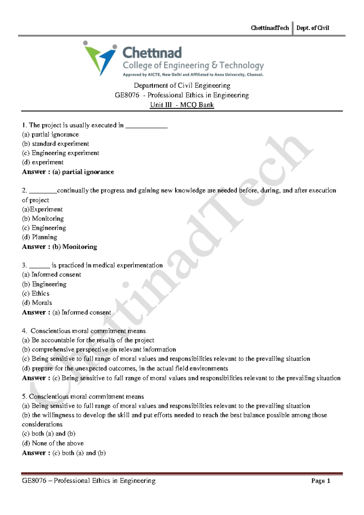 GE8076 pee unit3 - MCQ'S - Department of Civil Engineering GE8076 - Professional Ethics in - Studocu