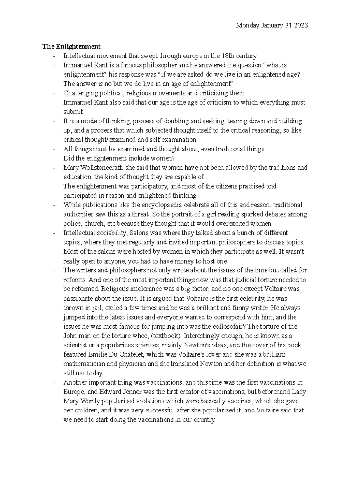 HIST 106- Day 7 Notes - Monday January 31 2023 The Enlightenment ...