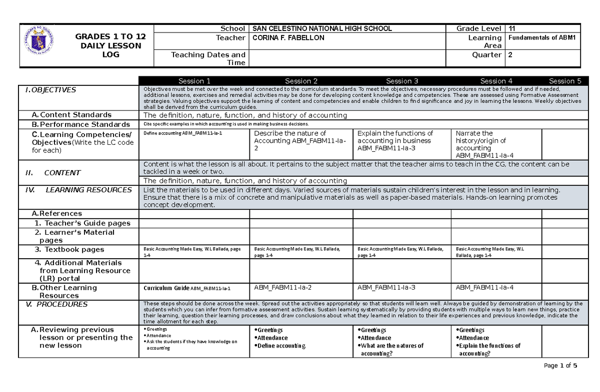 FABM DLL - DLL - GRADES 1 TO 12 DAILY LESSON LOG School SAN CELESTINO ...