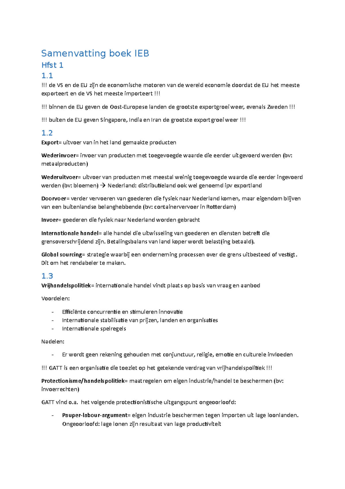 Samenvatting Exportmanagement - Samenvatting boek IEB Hfst 1 1 de VS en de EU zijn de ...