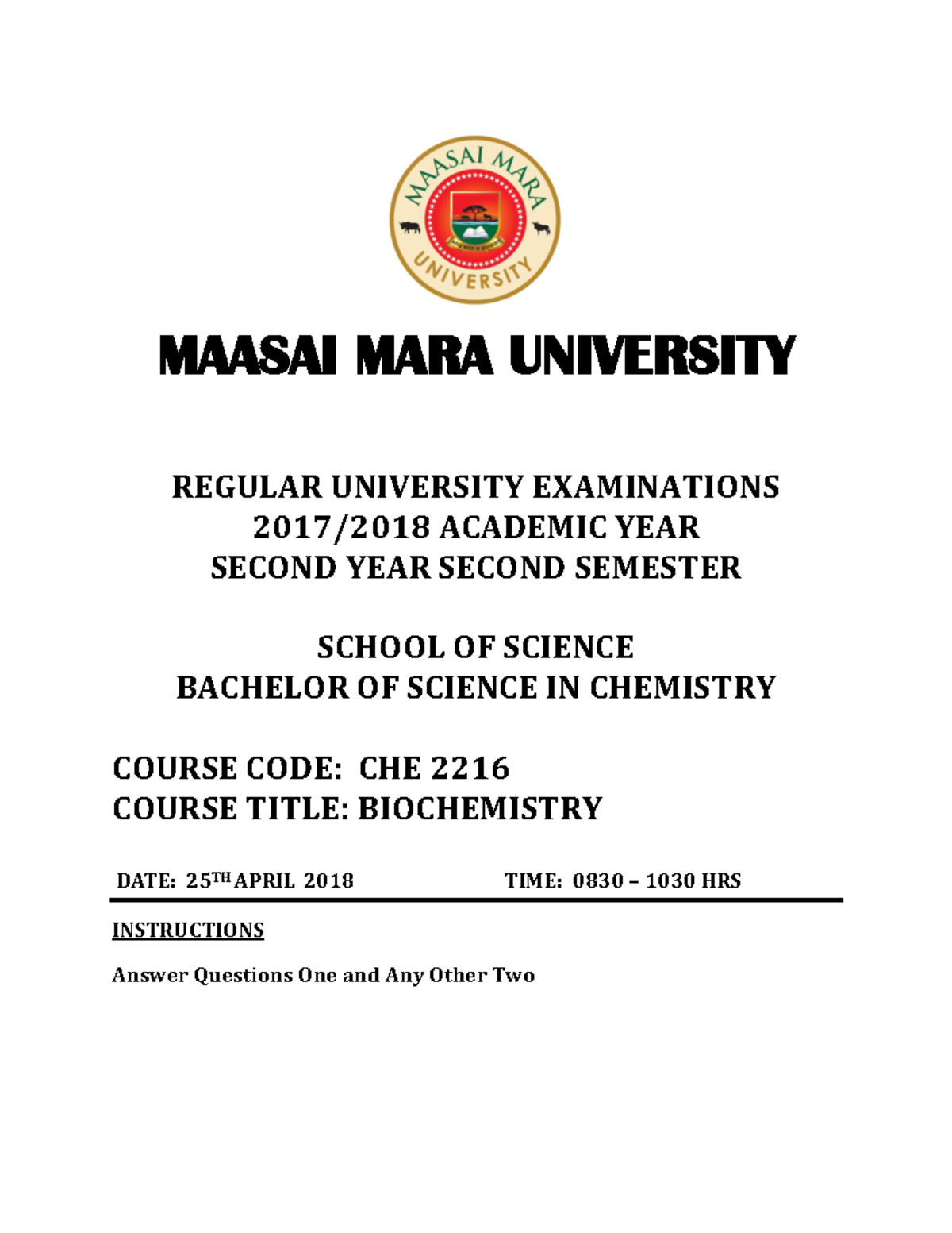 CHE 2216 M 18 - MAASAI MARA UNIVERSITY REGULAR UNIVERSITY EXAMINATIONS 2017/2018 ACADEMIC YEAR ...