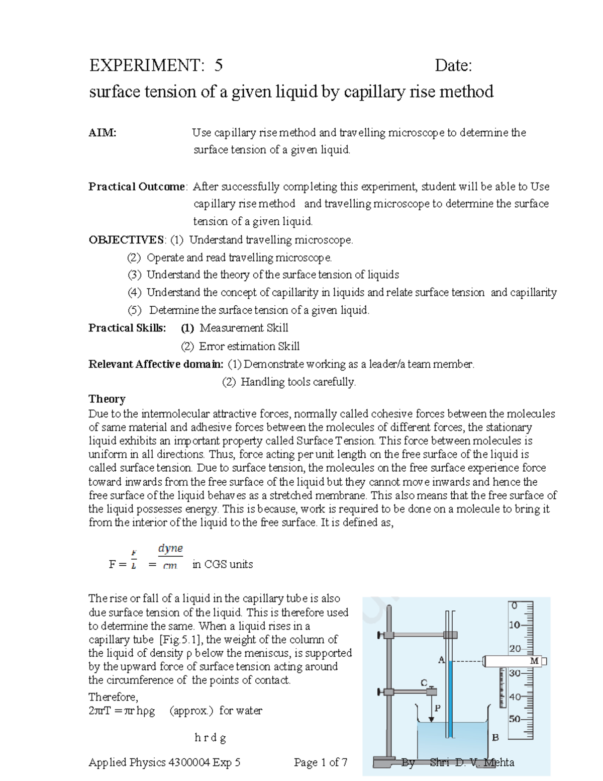 Exp 5 surface tension - Lab - EXPERIMENT: 5 Date: surface tension of a ...