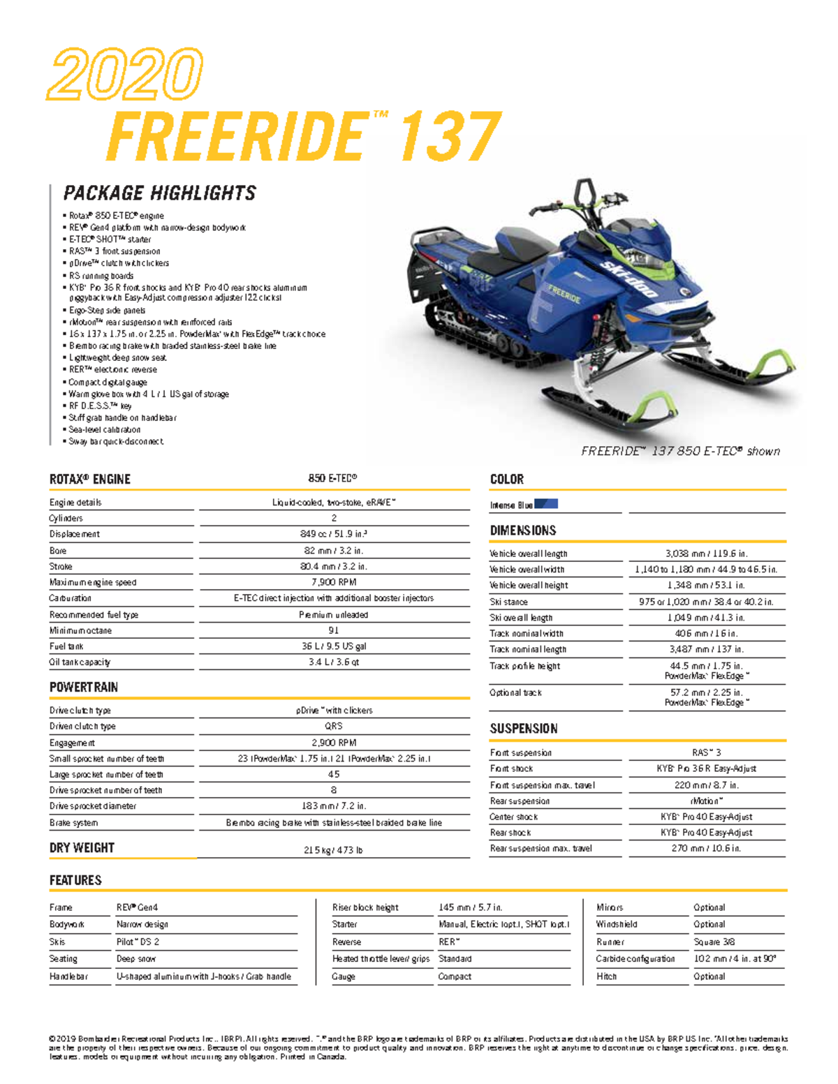 Ski Doo MY20 Spec Sheet Freeride 137 EN - ####### ROTAX® ENGINE 850 E ...