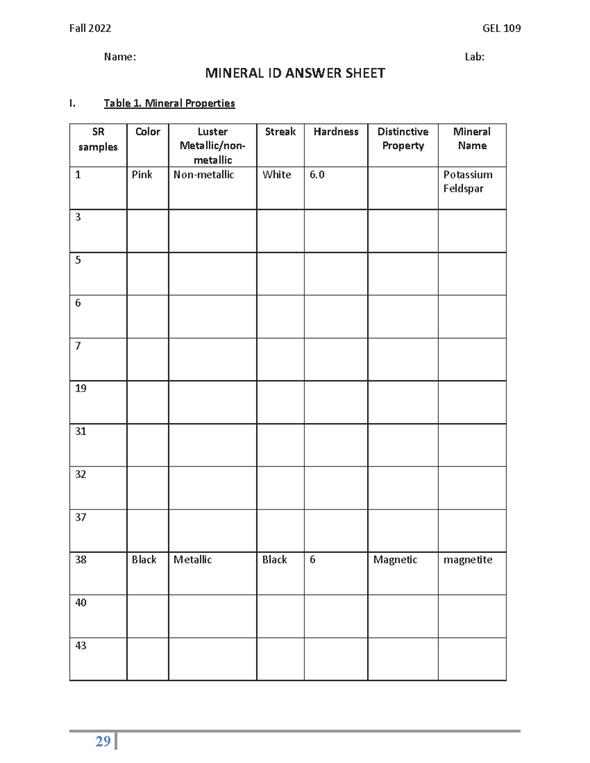 Mineral Lab Answer Sheet Online - Fall 2022 GEL 109 29 Name: Lab ...