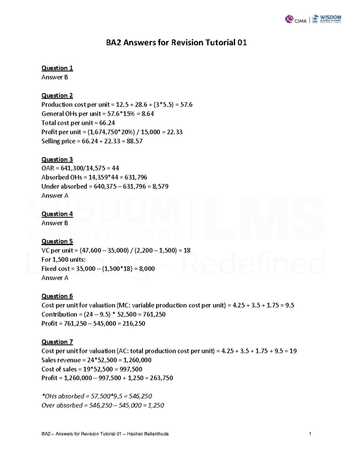 Answers - BA2 Revision Tutorial 01 (sections B and C) - Answer B Sales ...
