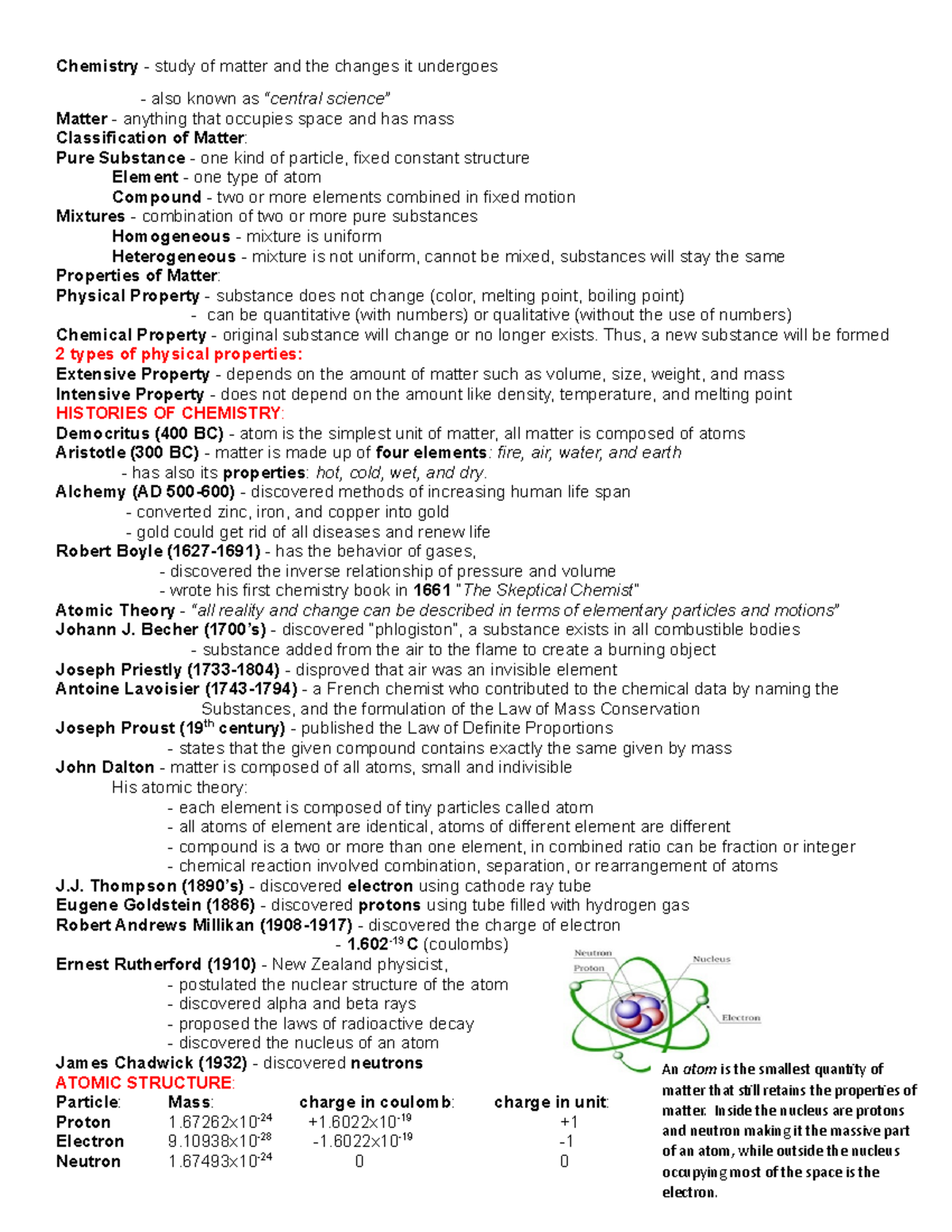 Reviewer-CHEM- Intro - Chemistry - study of matter and the changes it ...