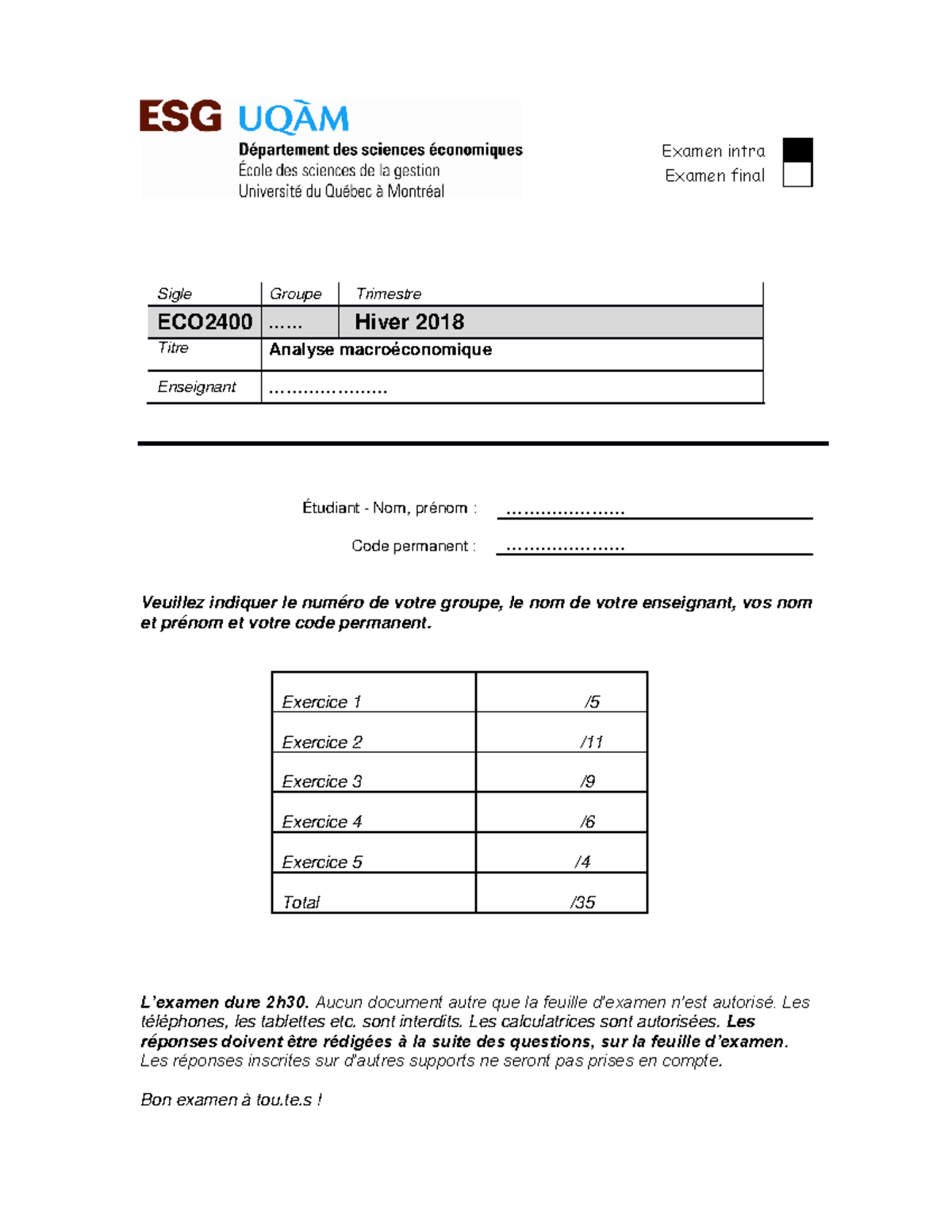 Examen, questions - Examen intra Examen final Sigle Groupe Trimestre ...