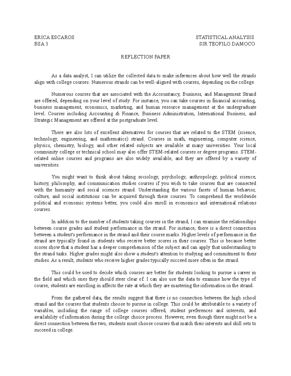 BSA 3 Reflection Paper Statistical Analysis - ERICA ESCAROS STATISTICAL ...