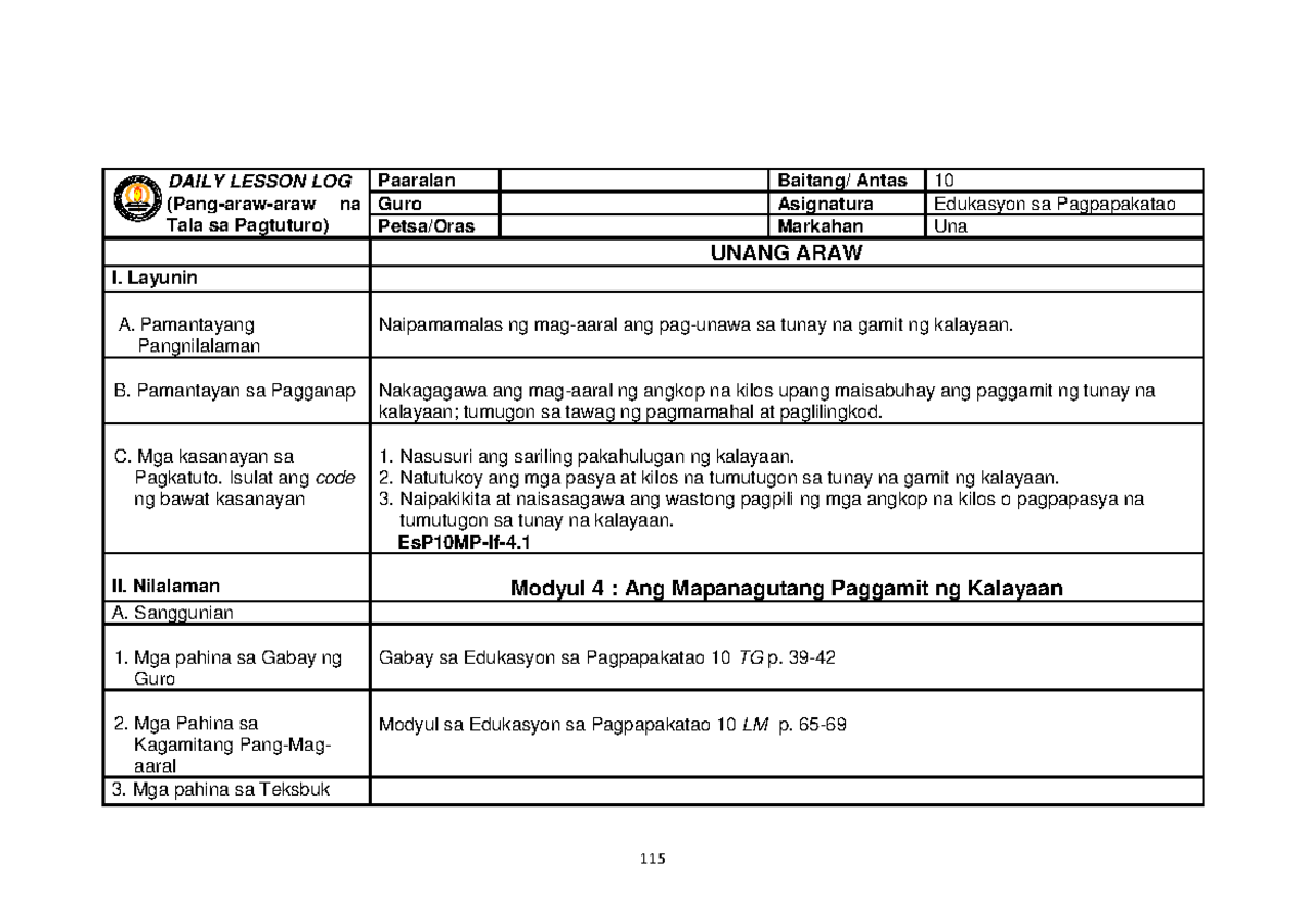 DLL-ESP10-Module-4- Glorelyn Alejandro - DAILY LESSON LOG (Pang-araw ...