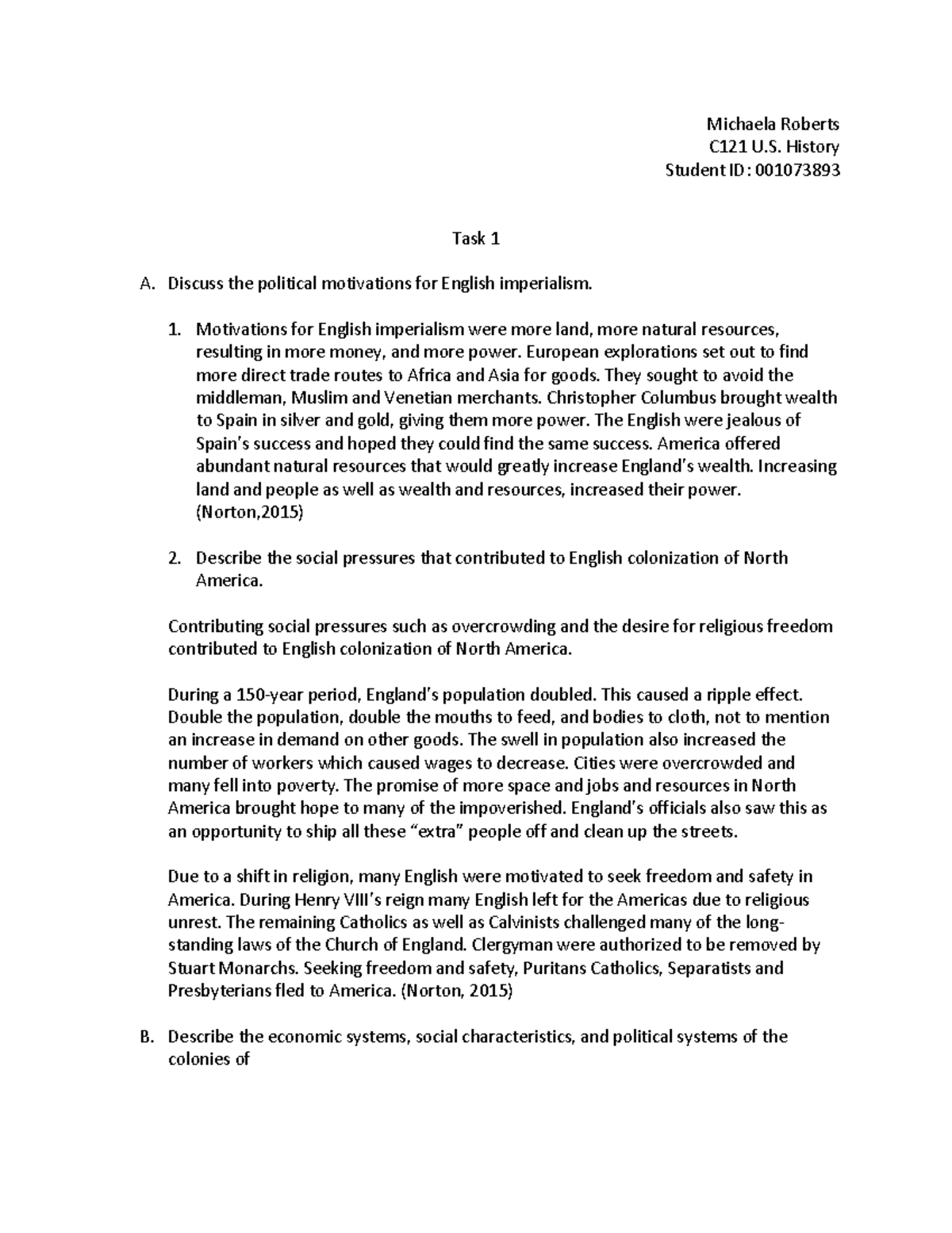 C121 Task 1 First Attempt - Michaela Roberts C121 U. History Student ID ...