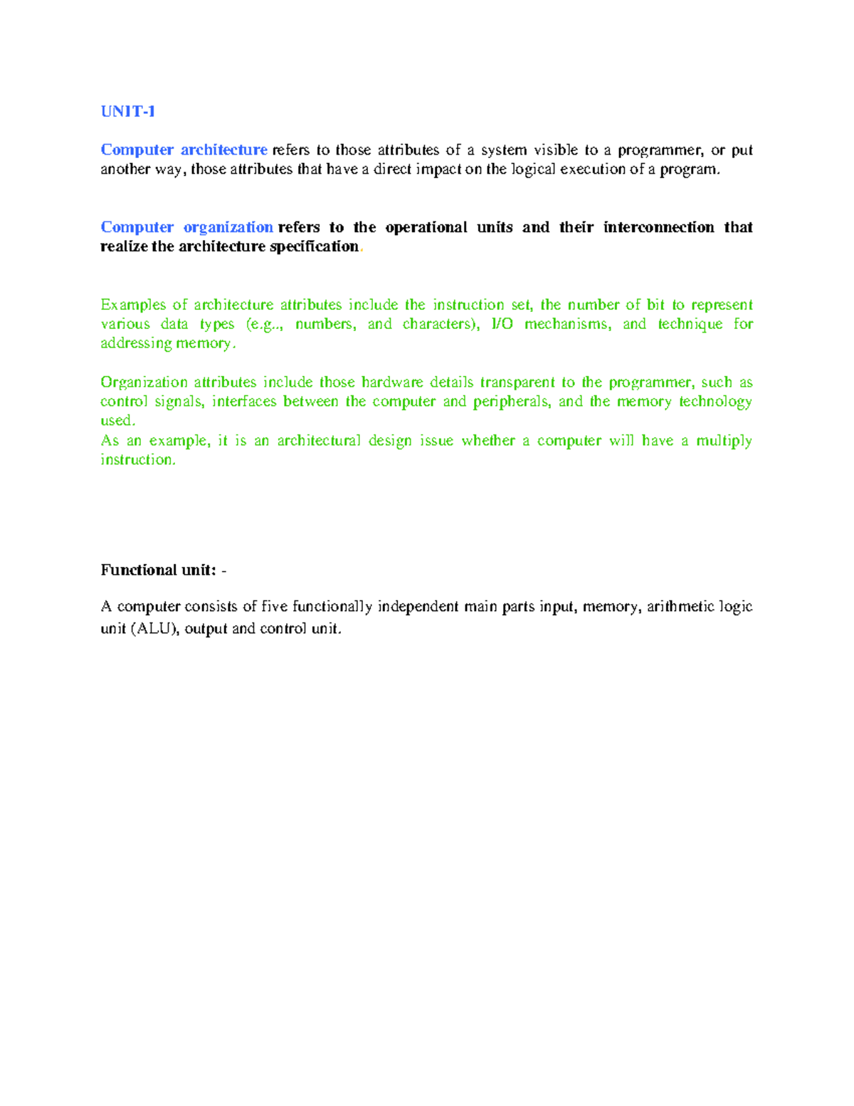 Unit1 - UNIT- Computer architecture refers to those attributes of a ...