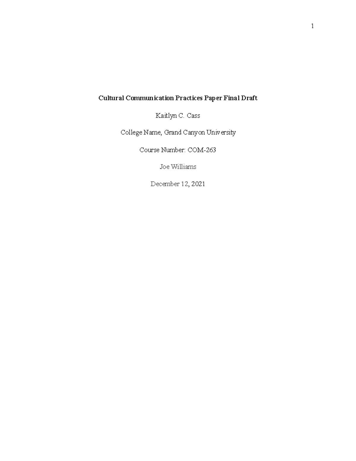 Cultural Communication Practices Paper - Cass College Name, Grand ...