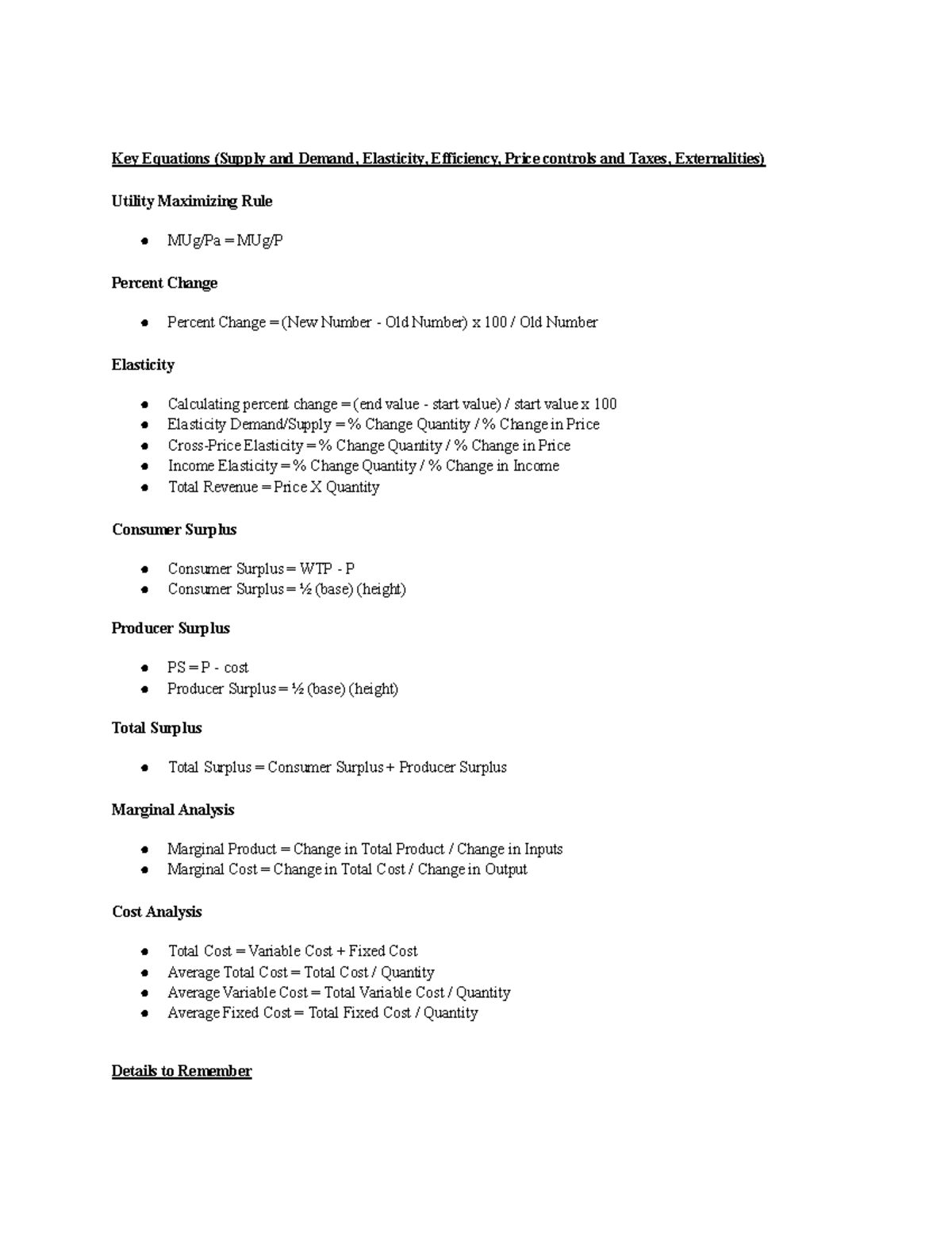 Cheat sheet - Key Equations (Supply and Demand, Elasticity, Efficiency ...