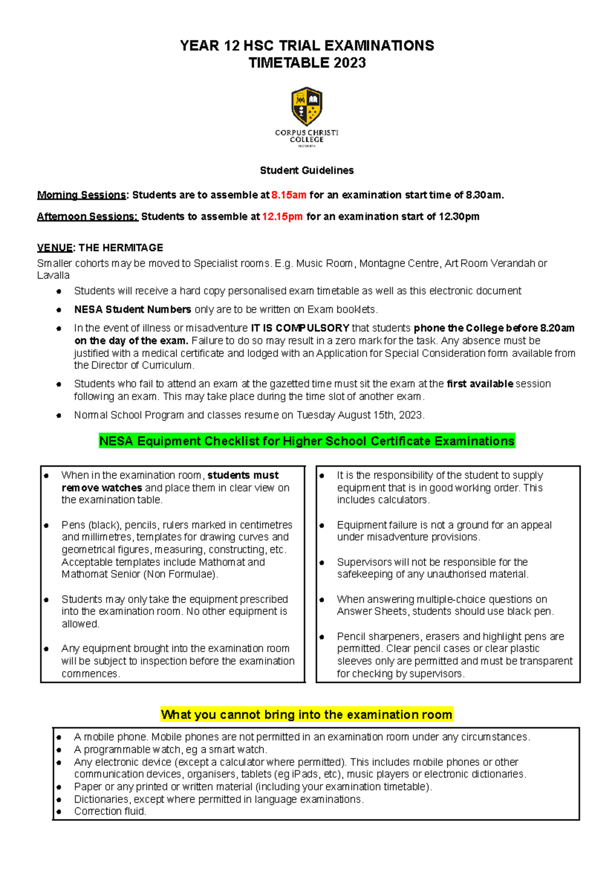 Year 12 HSC Trial Exam Timetable 2023 - YEAR 12 HSC TRIAL EXAMINATIONS ...
