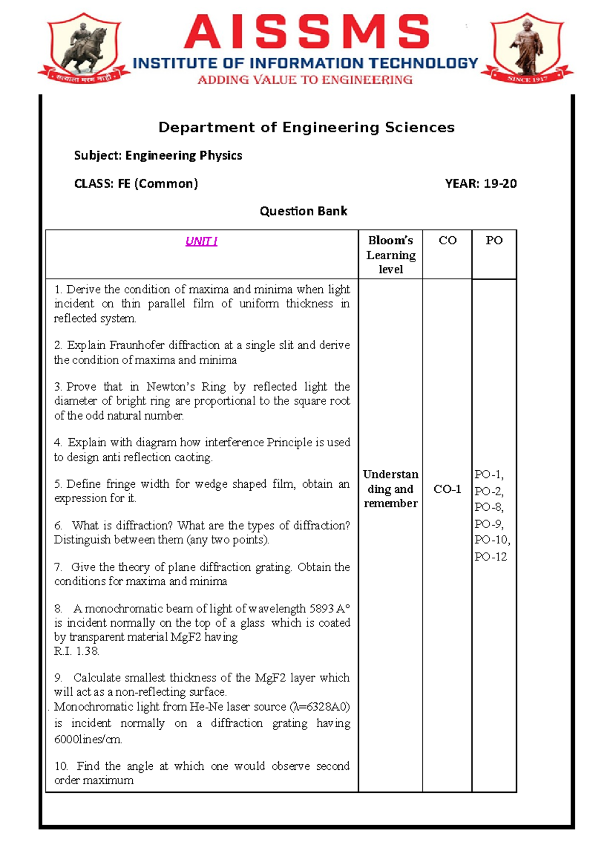 Question Bank Copo Mapping Sem 2 17 Department Of Engineering Sciences Subject Engineering