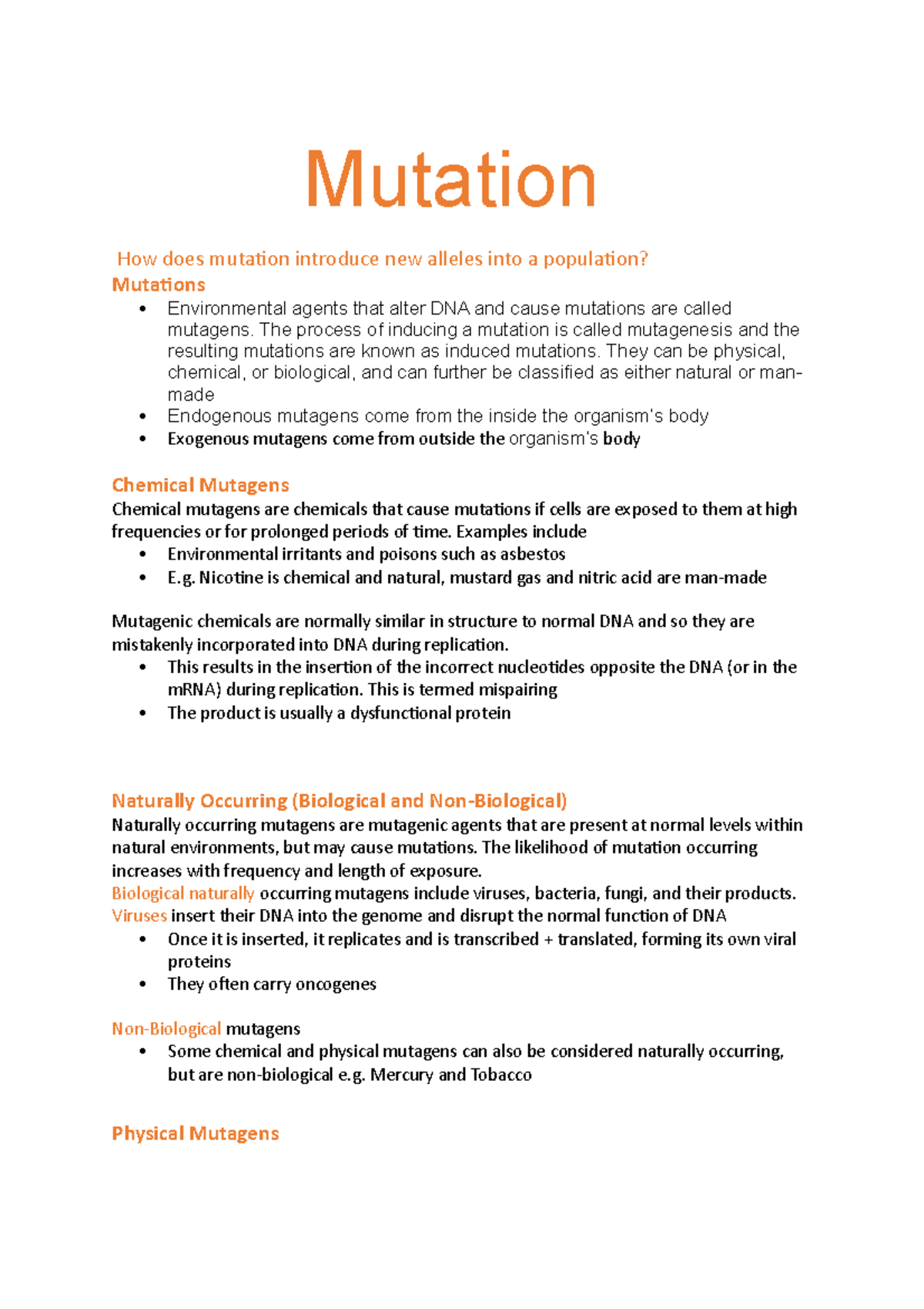 Mutation Notes Mol Bio 2 - Mutation How does mutation introduce new ...