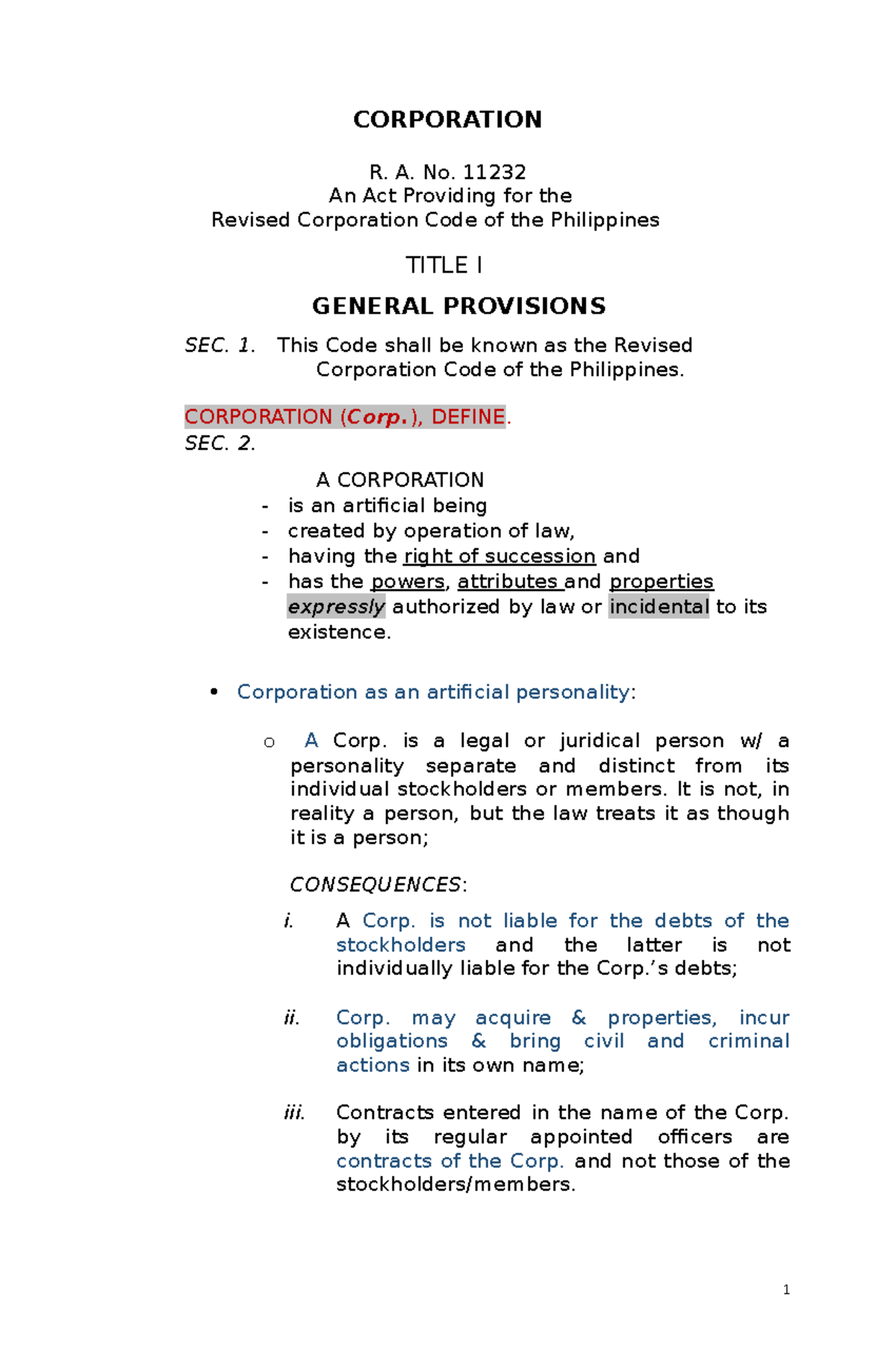 Title 1 - Revised Corporation Code of the Philippines - CORPORATION R ...