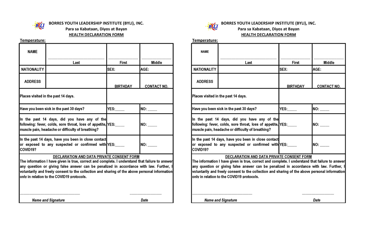Health Declaration Form - BORRES YOUTH LEADERSHIP INSTITUTE (BYLI), INC. BORRES YOUTH LEADERSHIP ...