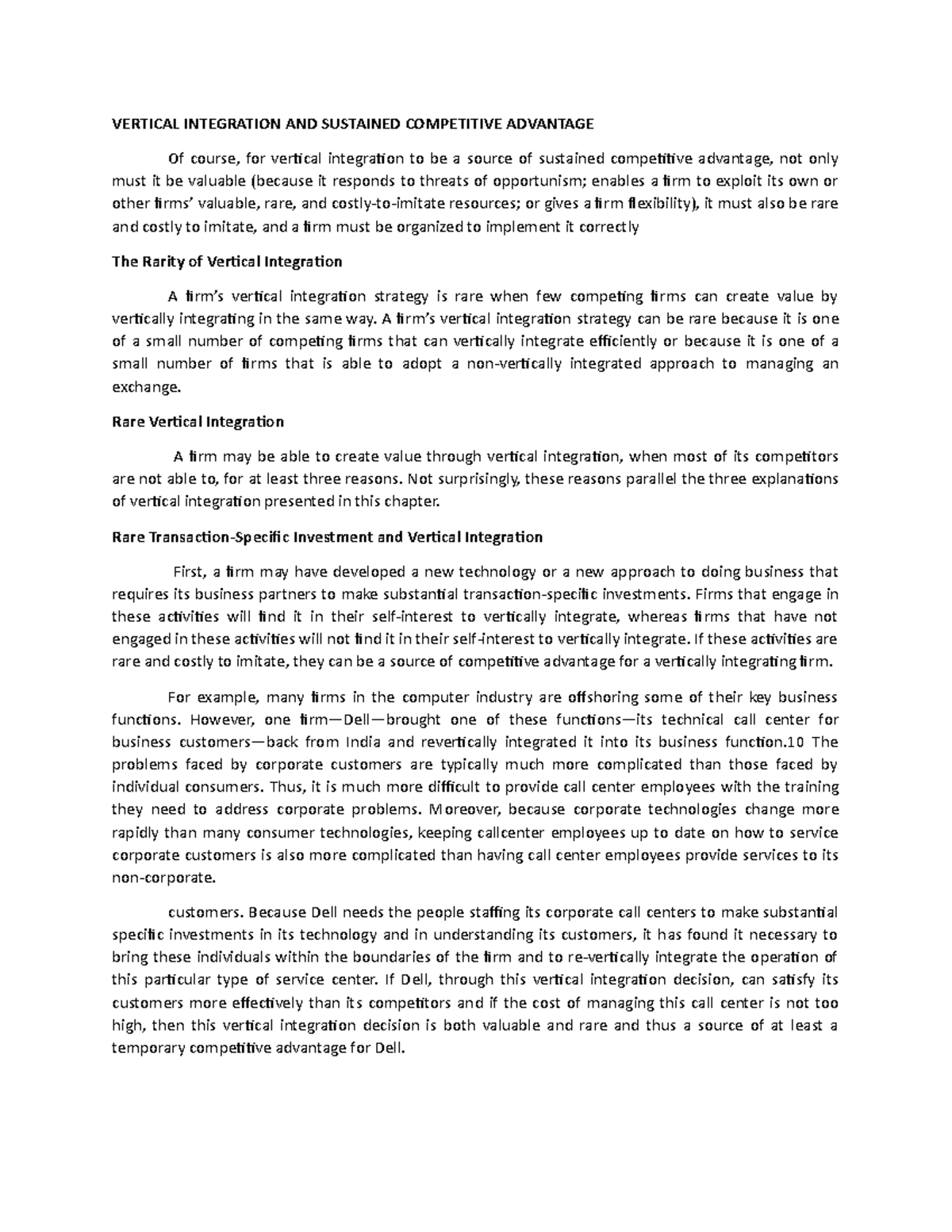 Vertical Integration AND Sustained Competitive Advantage - VERTICAL ...