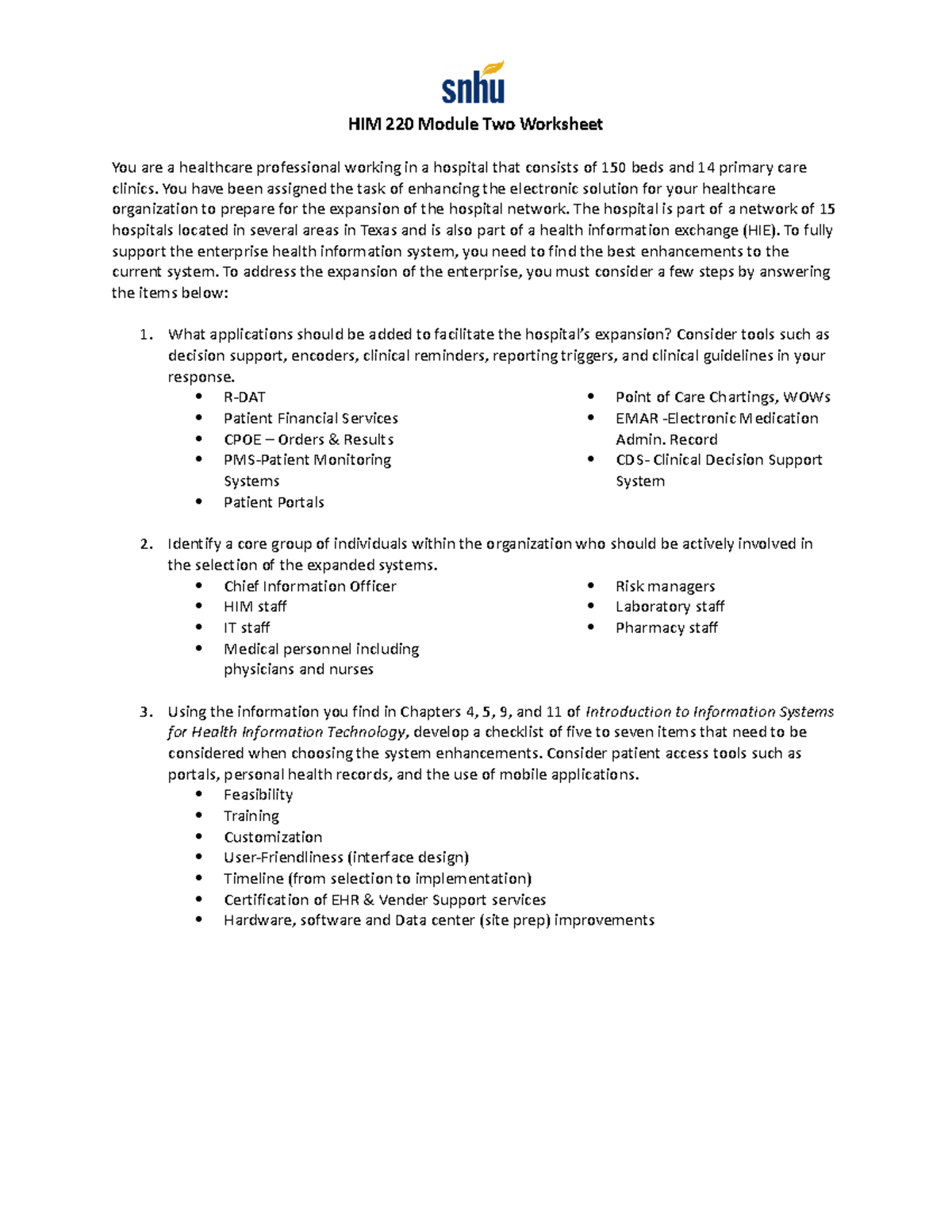 HIM 220 Module 2 Wkst - HIM 220 Module Two Worksheet You are a ...