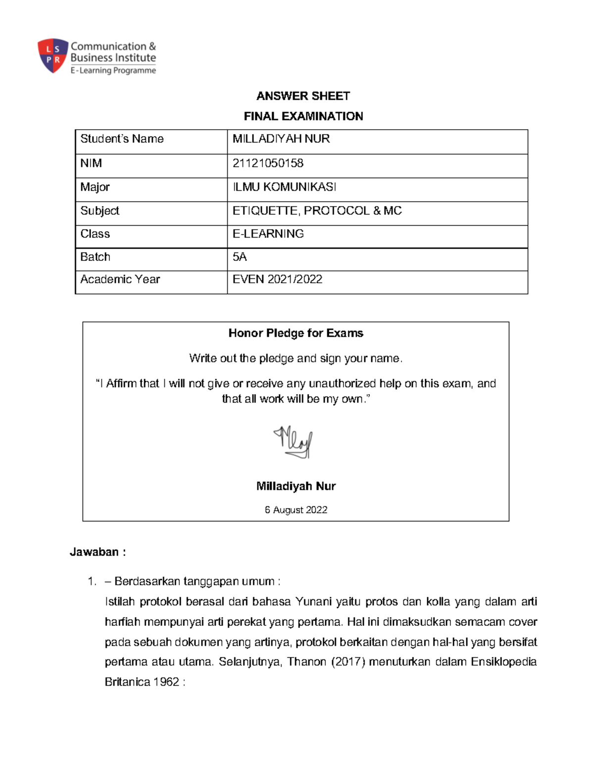 Milladiyah NUR Final EXAM Etiquette - ANSWER SHEET FINAL EXAMINATION ...