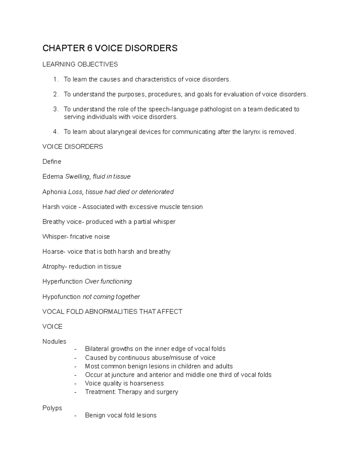 Chapter 6 Voice Disorders - CHAPTER 6 VOICE DISORDERS LEARNING ...