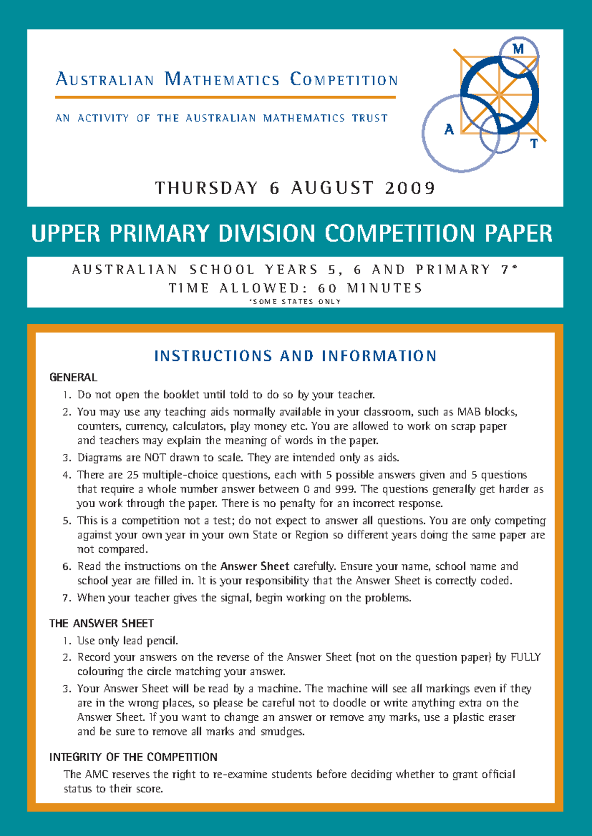 Upper Primary AMC 2009 maths competition trust - A u s t r A l i A n M ...