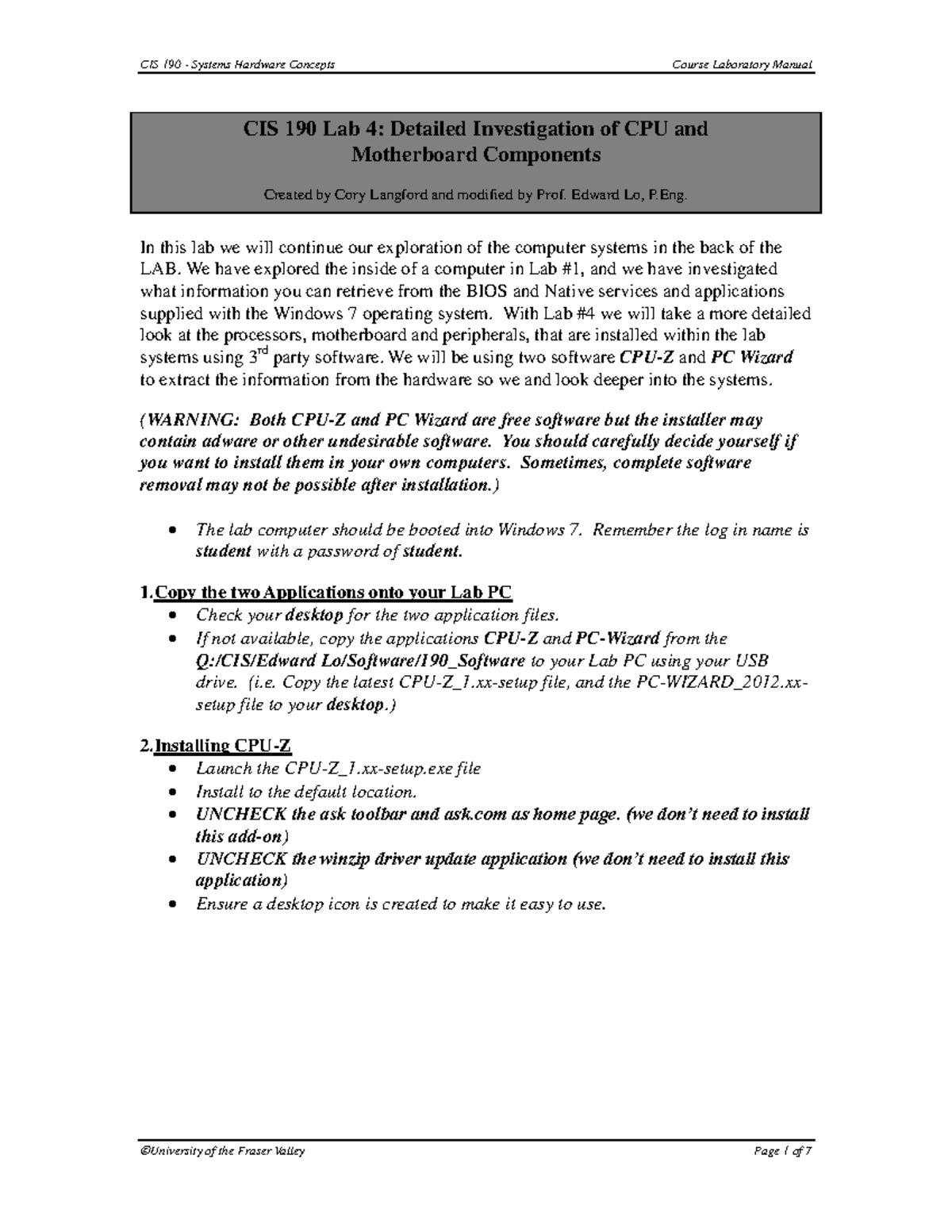 Lab 4 - CIS 190 - CIS 190 Lab 4: Detailed Investigation of CPU and ...