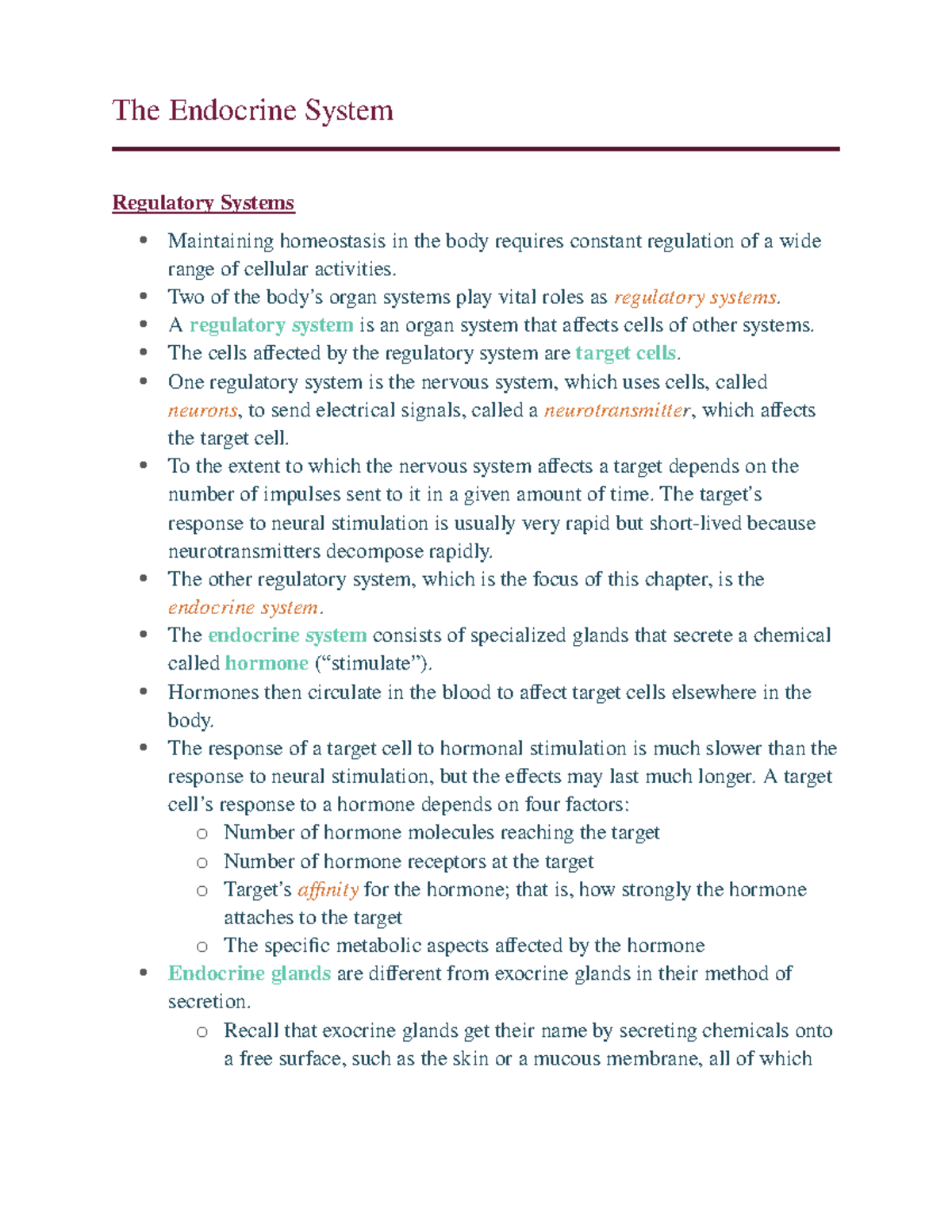 The Endocrine System Notes - The Endocrine System Regulatory Systems ...