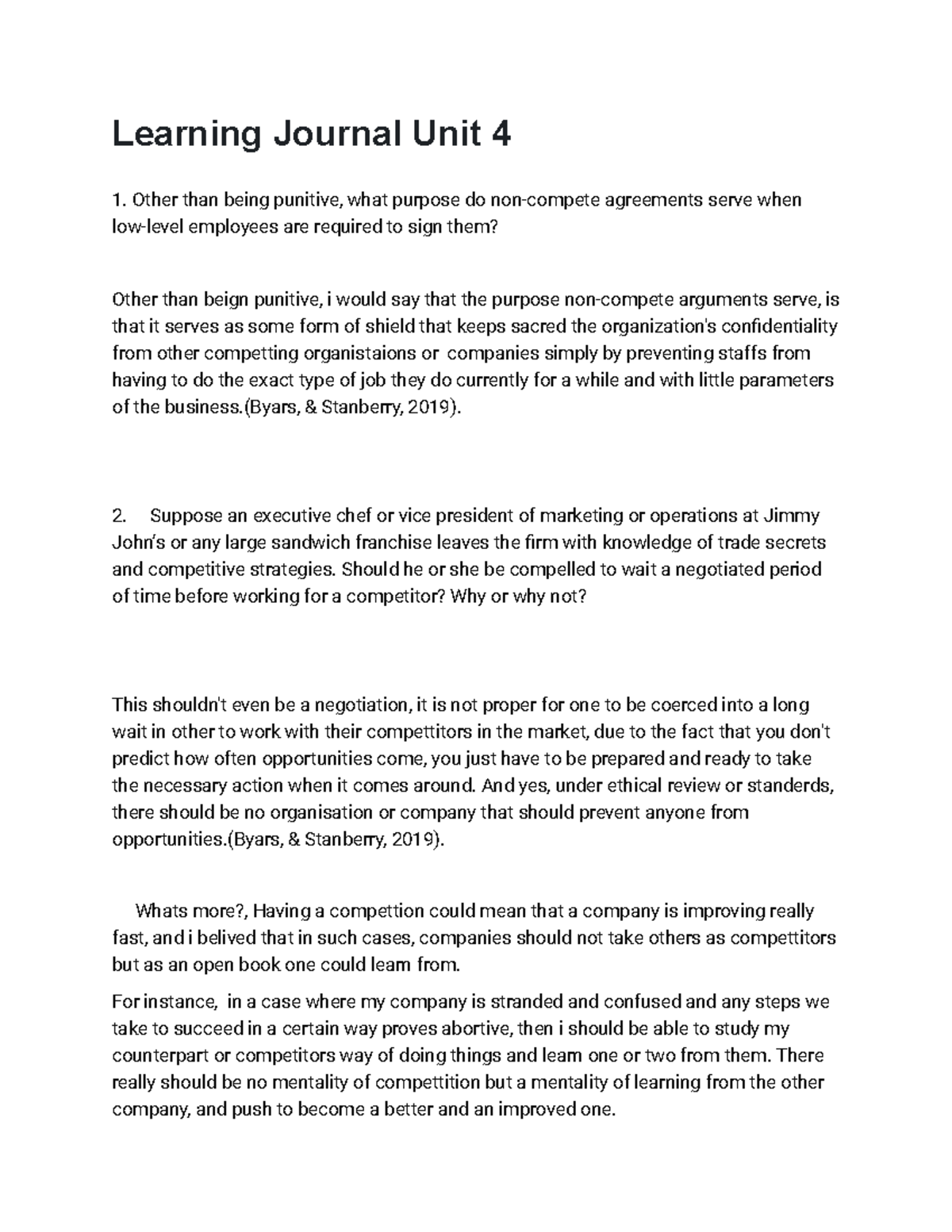 Learning Journal Unit 4 - (Byars, & Stanberry, 2019). Suppose an executive chef or vice - Studocu