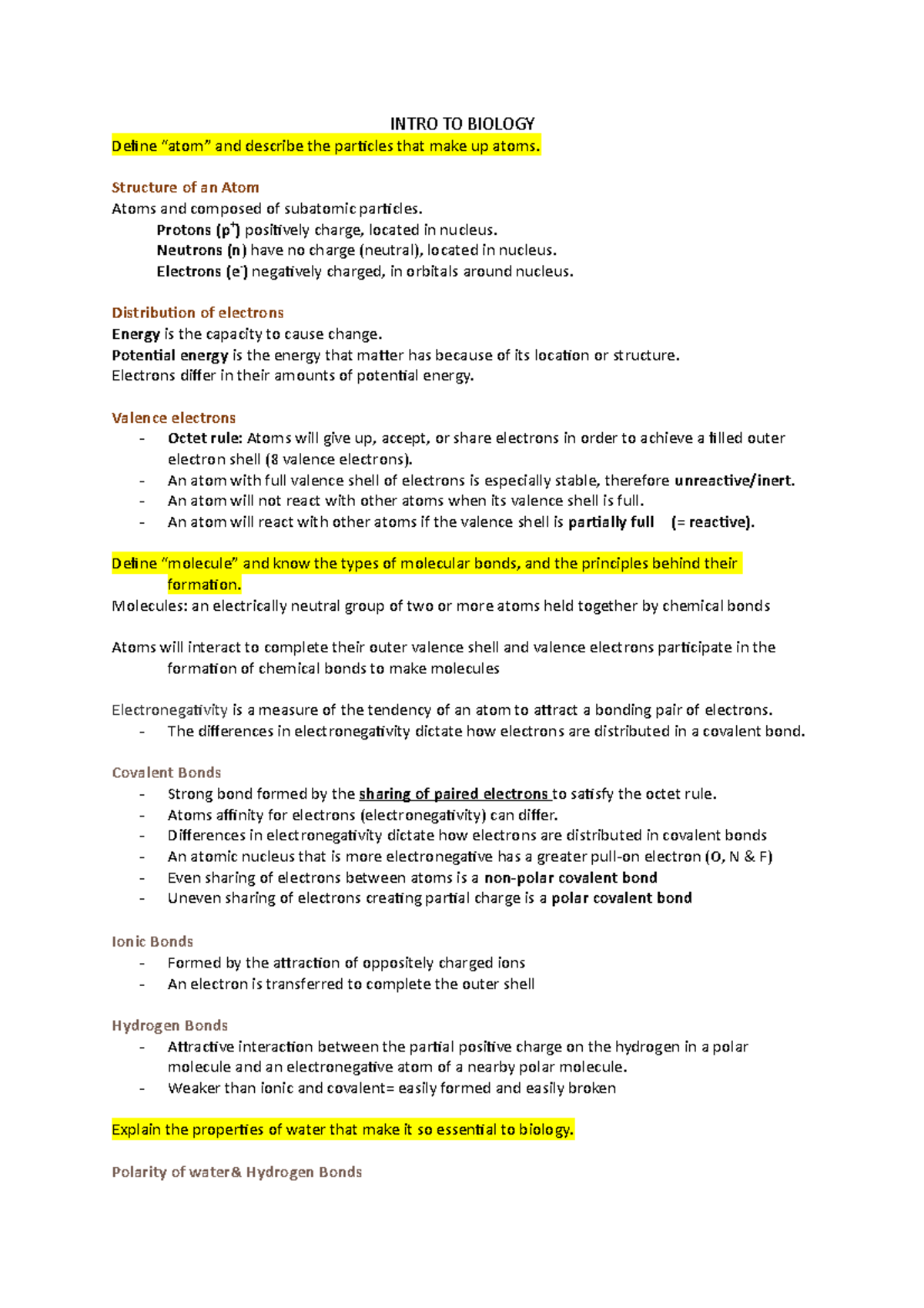 Intro TO Biology Notes for semester 1 - INTRO TO BIOLOGY Define “atom ...