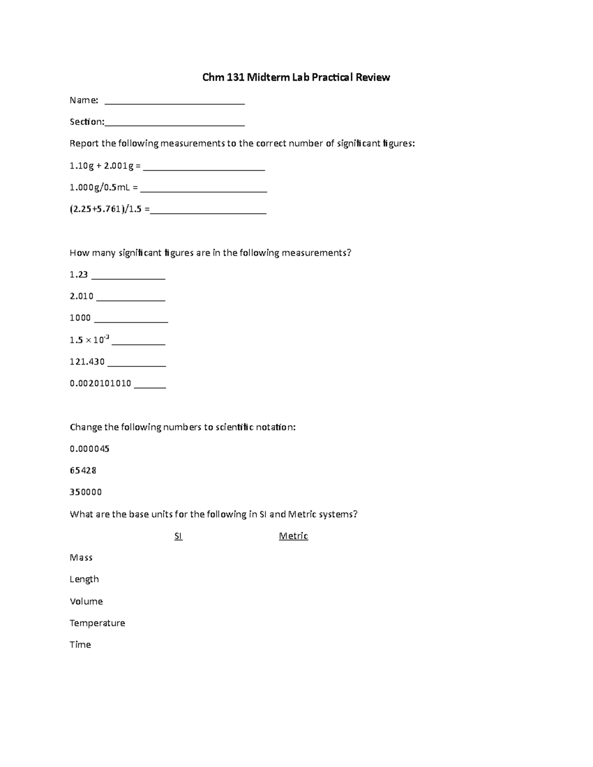 Chem 131 Midterm Review for Lab Practical Fall2021 - Chm 131 Midterm Lab Practical Review Name ...