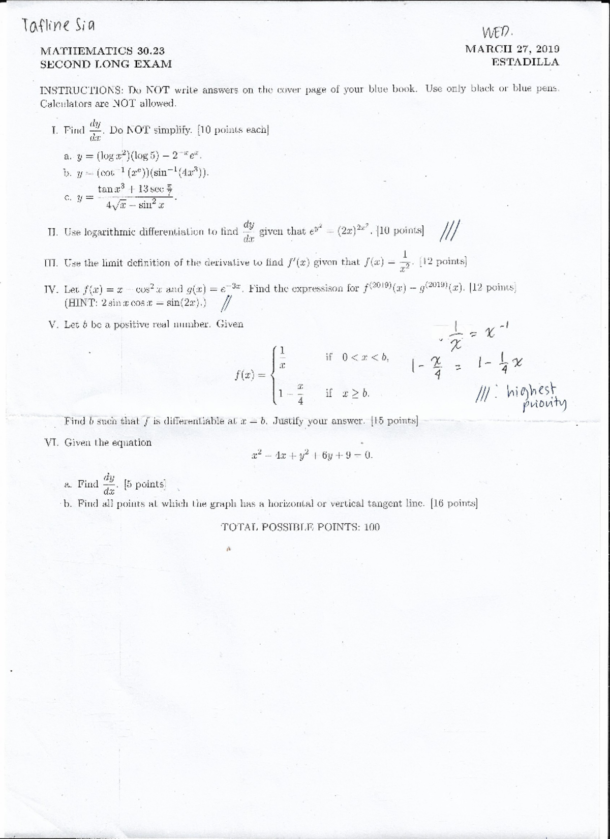 MATH 30 23 Calculus I long test 2 deriva - Tafling Sia Wen. MATHEMATICS ...