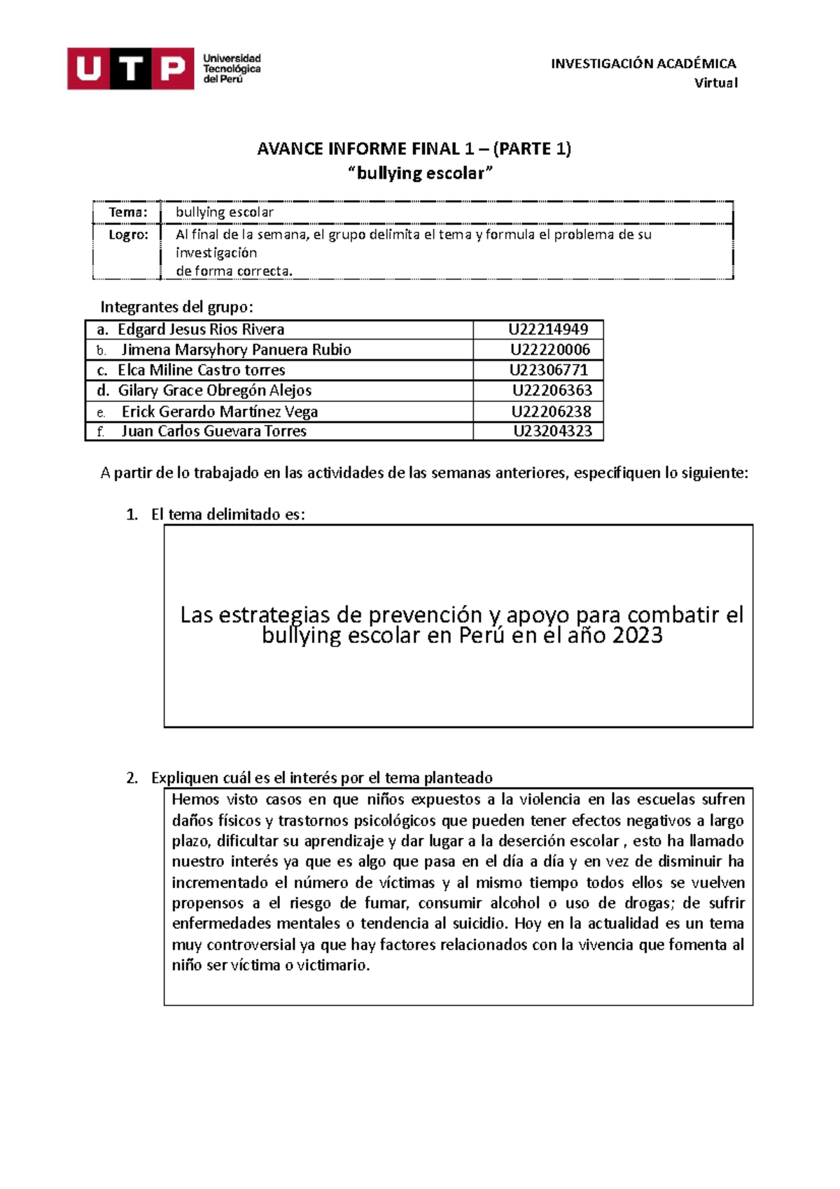 Semana 03-Formato Avance de Informe Final 1 - Parte 1 Tema y problema de investigación - - Studocu