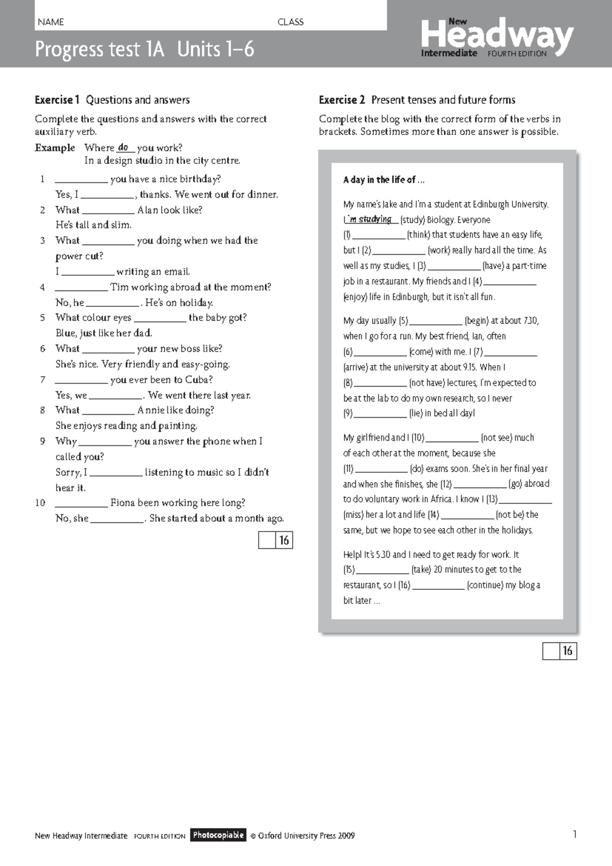 Hwy int progresstest 1a - New Headway Intermediate FOURTH EDITION ...