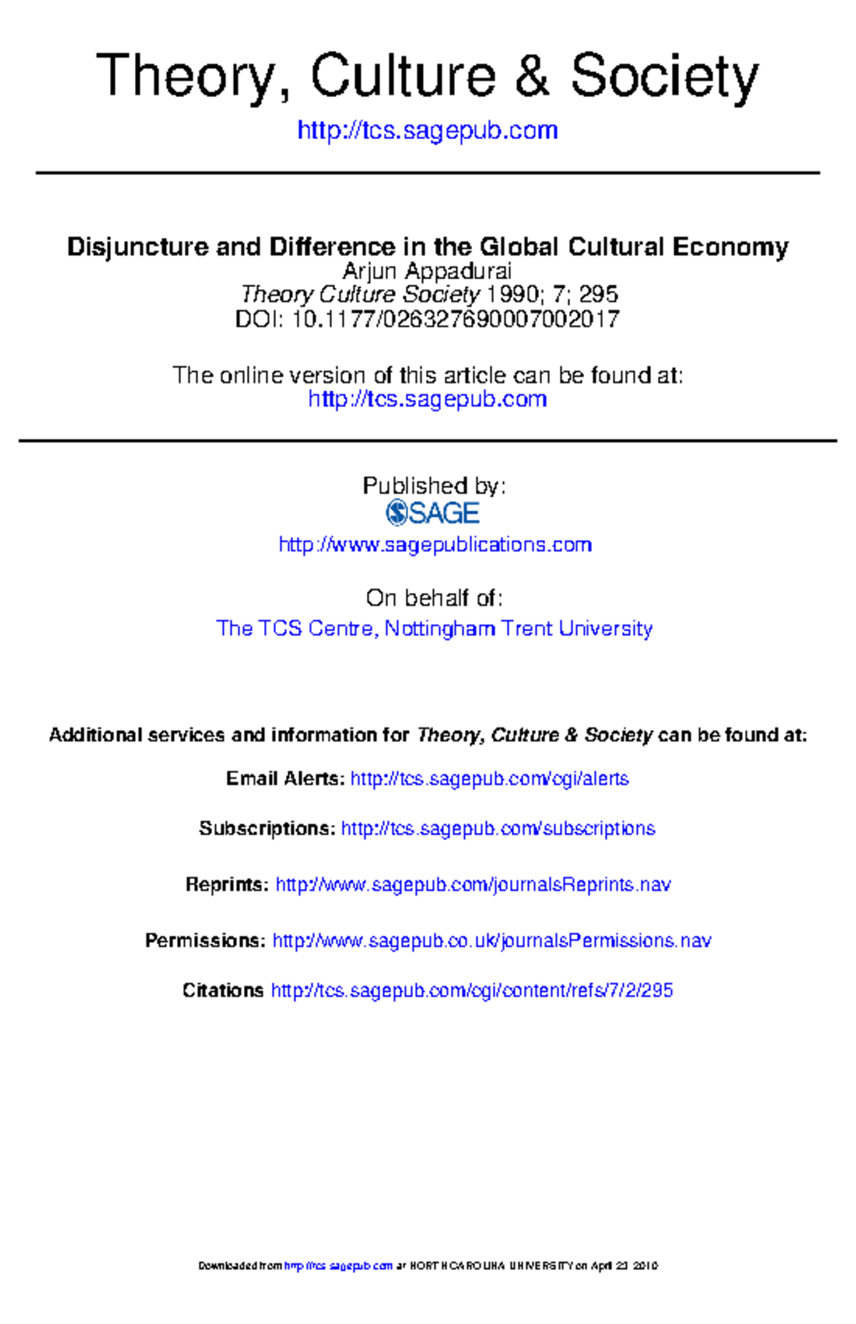 Appadurai Disjuncture and Difference in the Global Cultural Economy ...