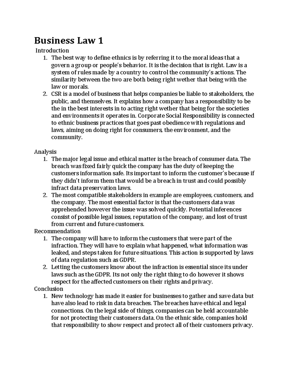 Document - SNHU - Business Law 1 Introduction 1. The best way to define ...