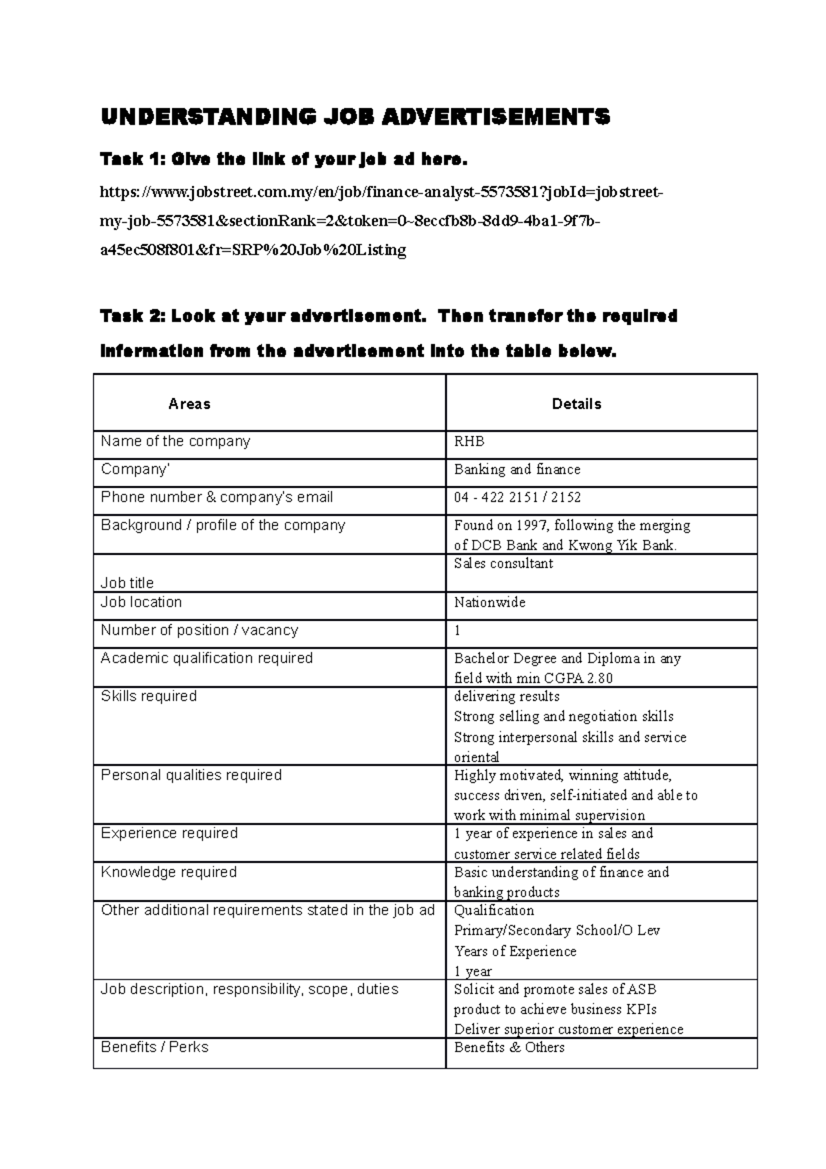 JOB Advertisement TASK - UNDERSTANDING JOB ADVERTISEMENTS Task 1: Give ...