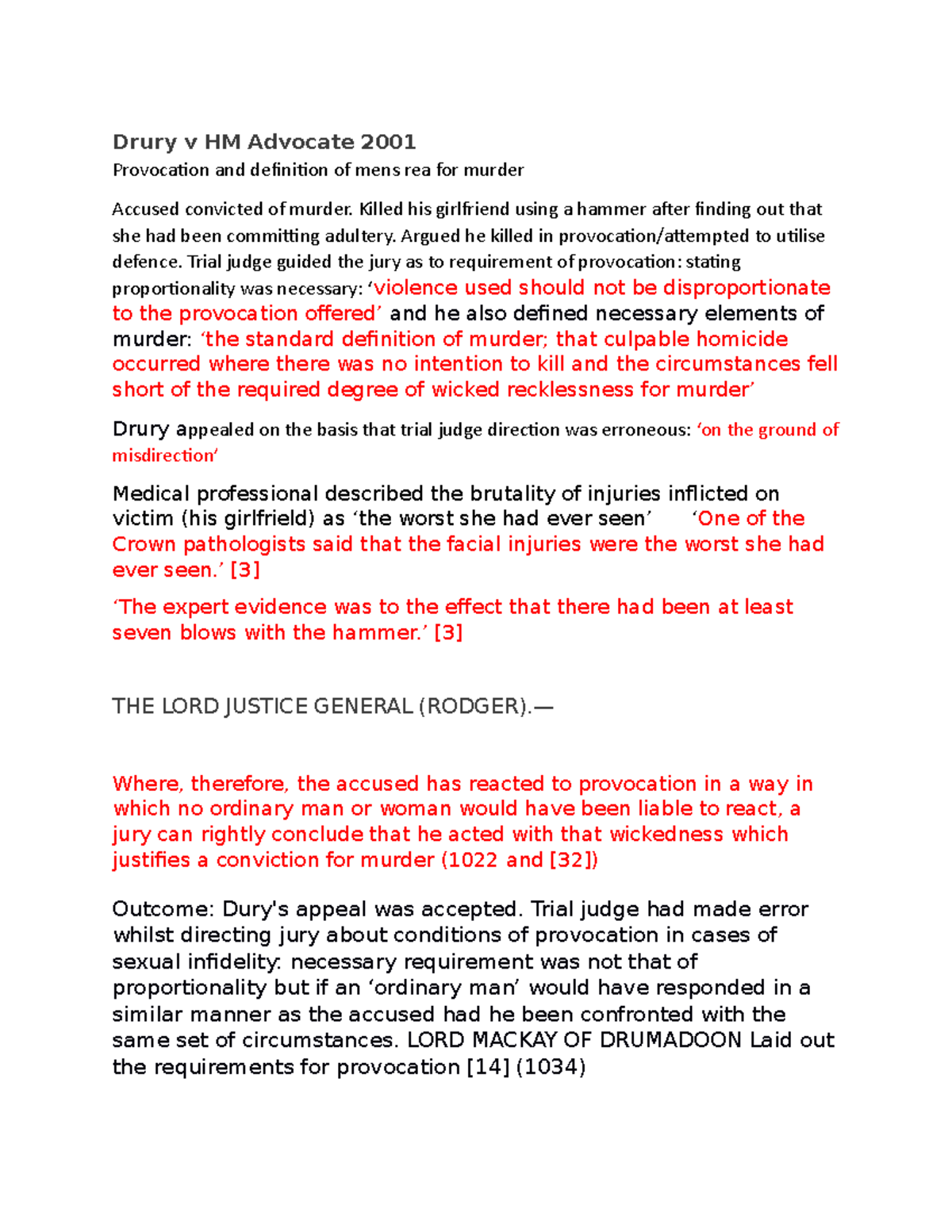 Drury v HMA 2001 murder and provocation case - Drury v HM Advocate 2001 ...